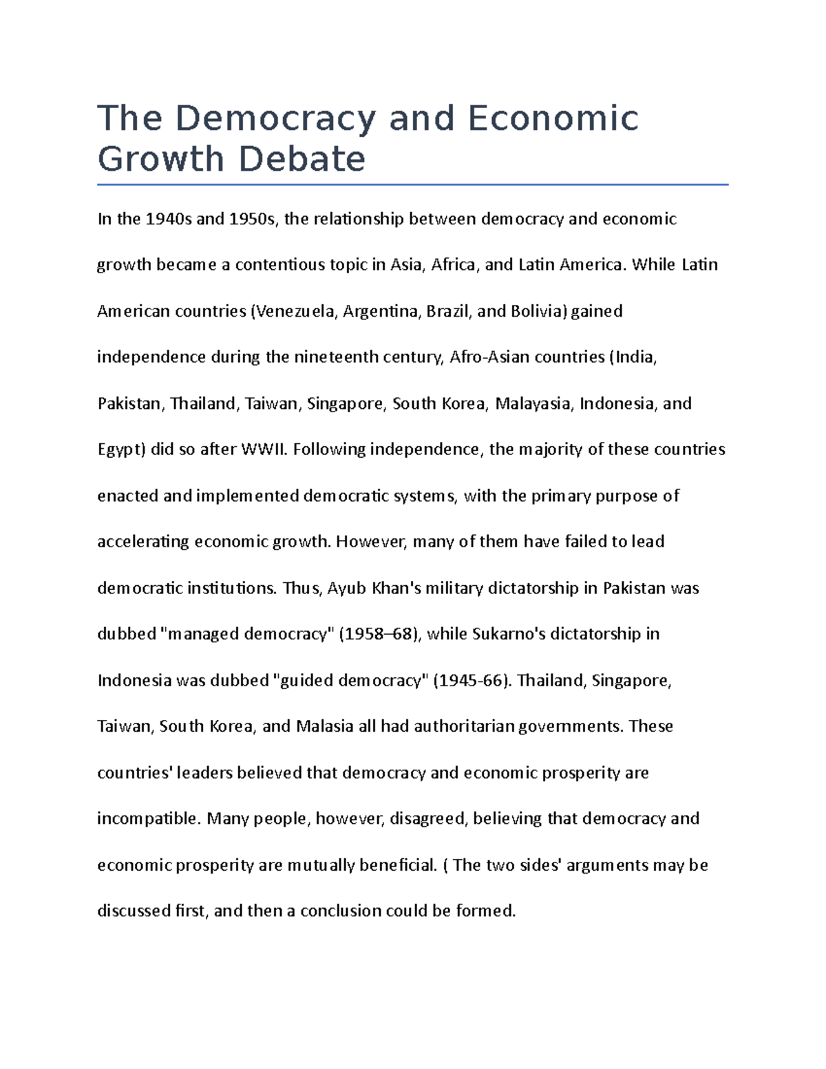 The Democracy and Economic Growth Debate - Political Theory - Studocu