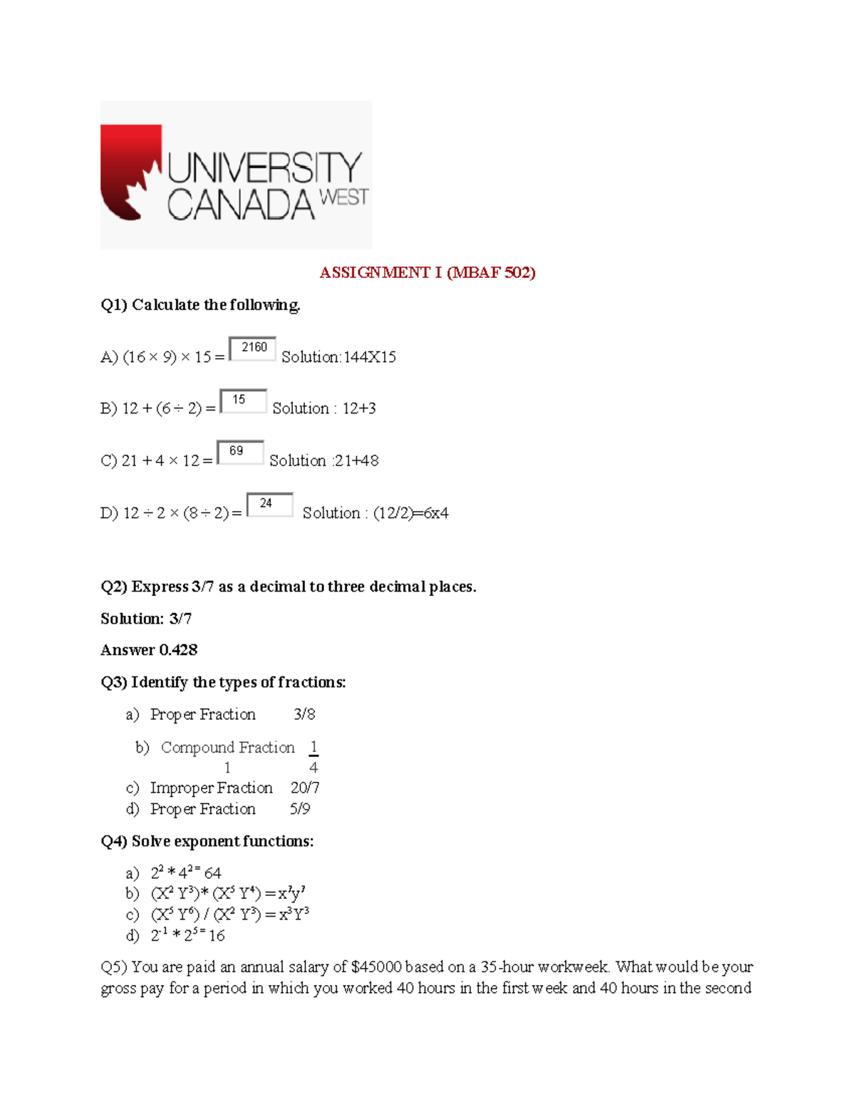 Assignment Quantitative - ASSIGNMENT I (MBAF 502) Q1) Calculate the ...