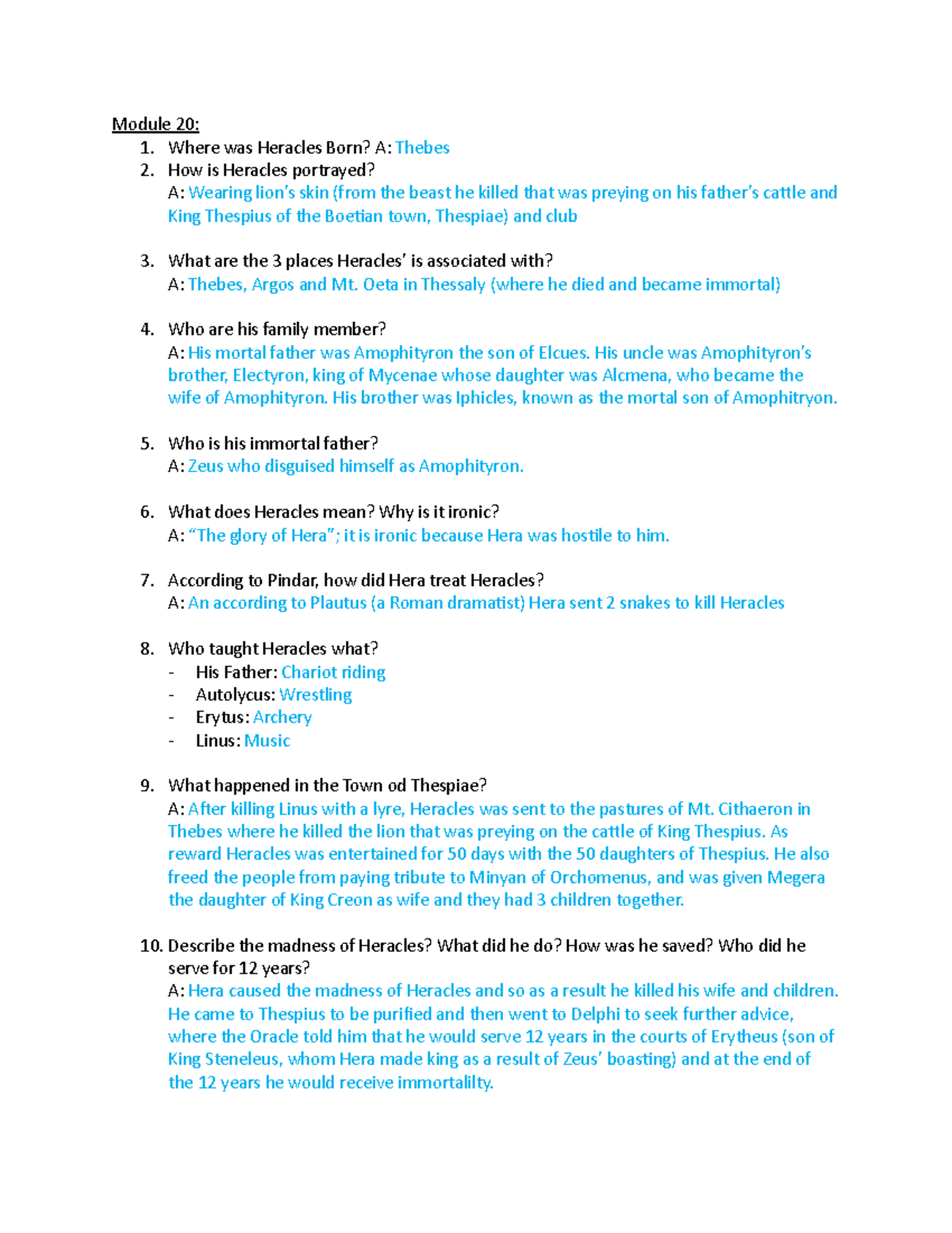 Hercules Practice Questions - Module 20: 1. Where was Heracles Born? A ...