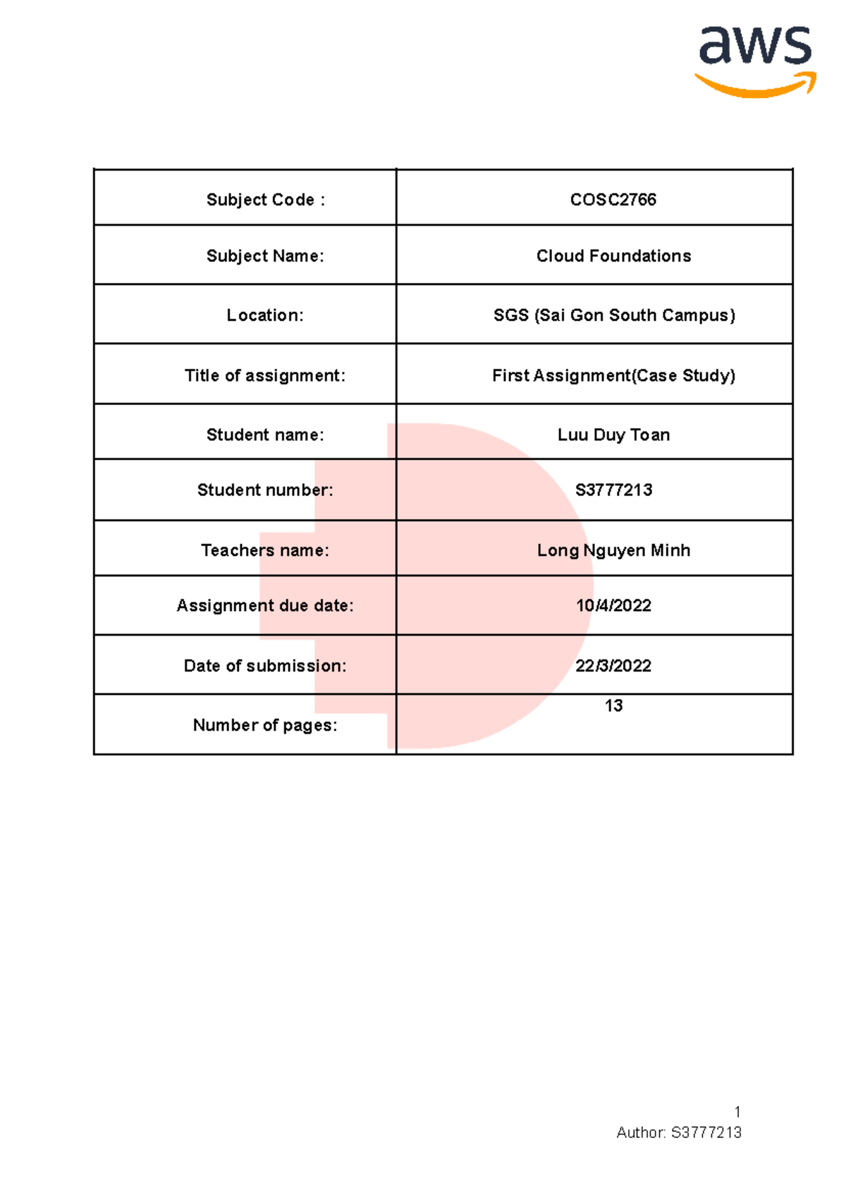 Cloud Foundation Assignment 1 - Subject Code : COSC Subject Name: Cloud Foundations Location ...