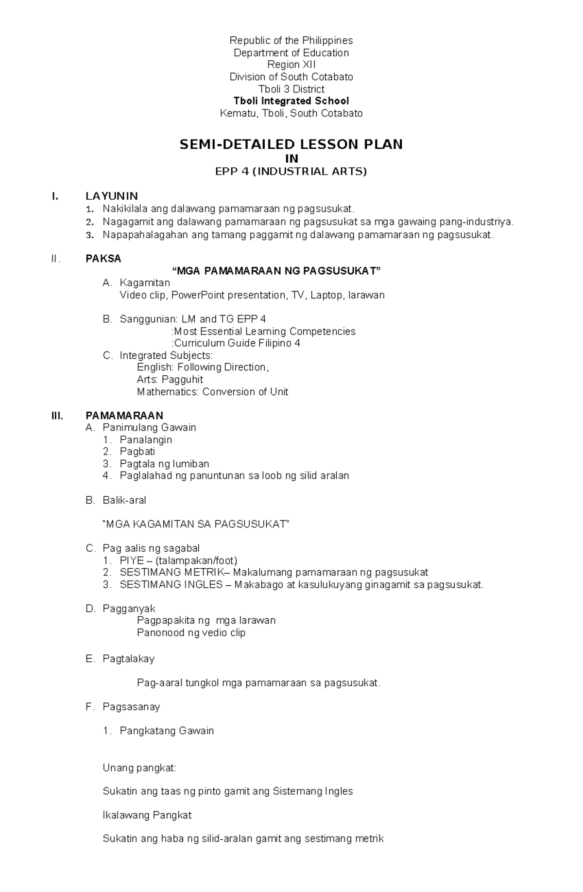 Semi-Detailed LP in EPP - Republic of the Philippines Department of ...