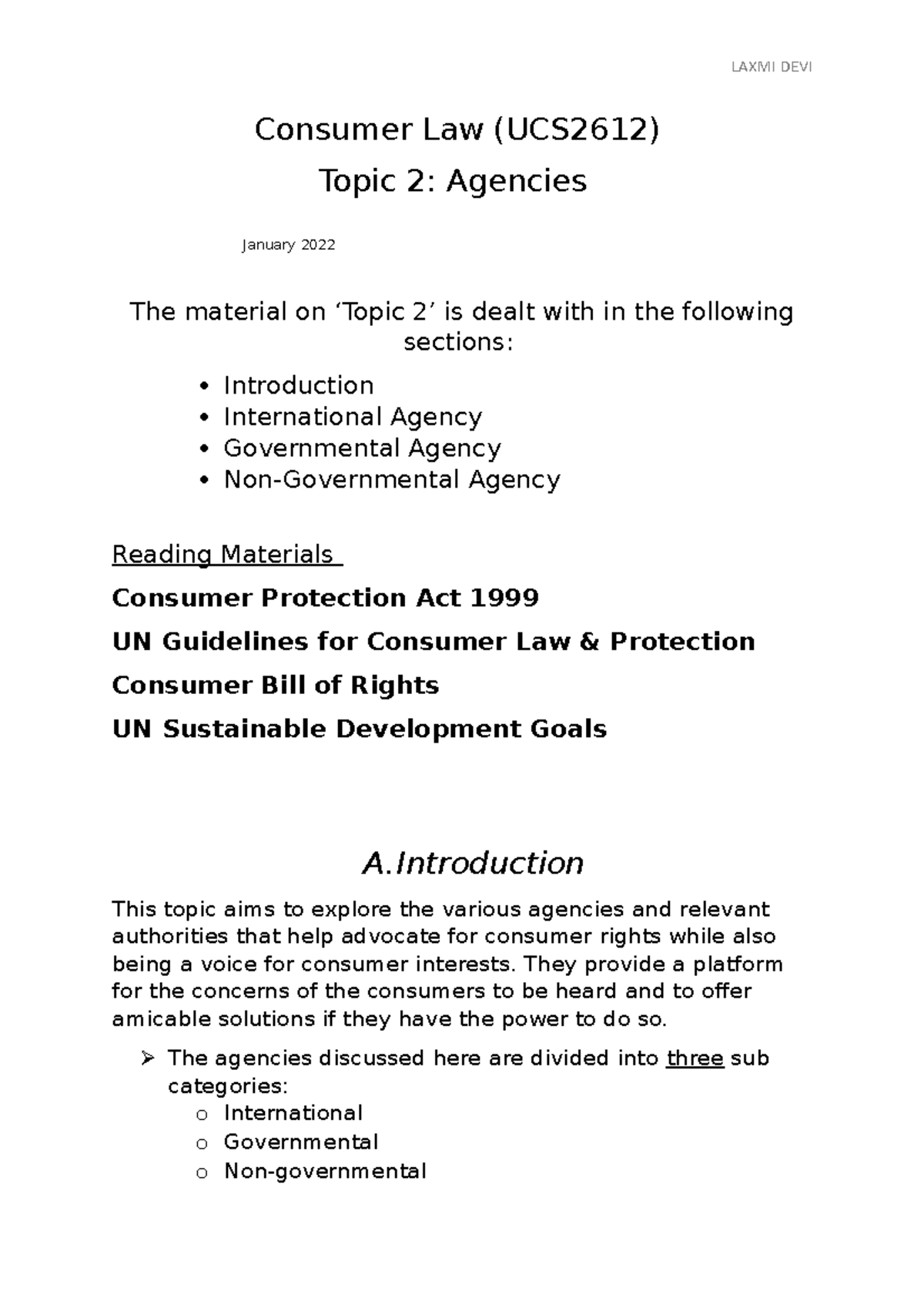 Topic 2 Agencies Consumer Law - Consumer Law (UCS2612) Topic 2 ...