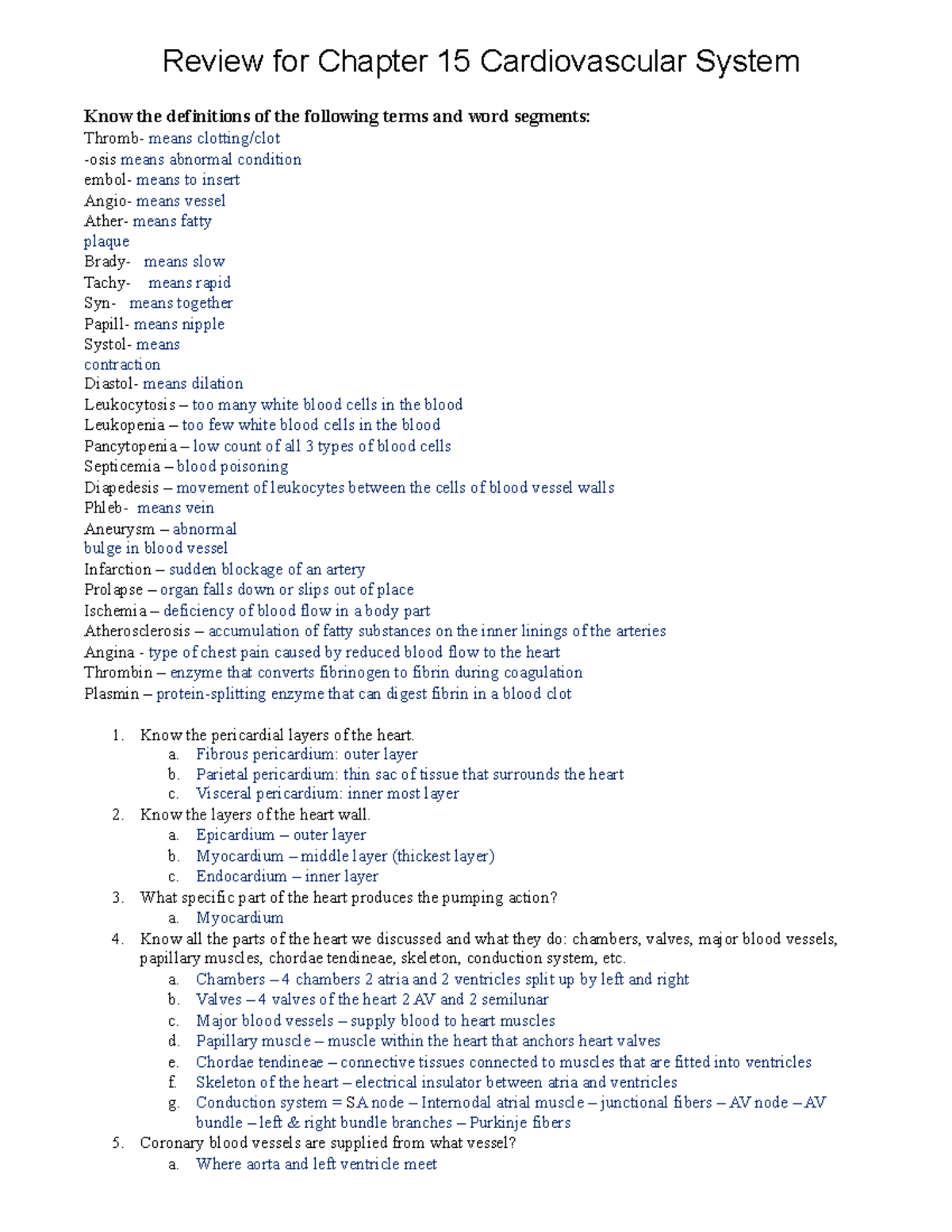 BIO 116 117 118 Exam Review Chapter 15 Cardiovascular System .doc ...