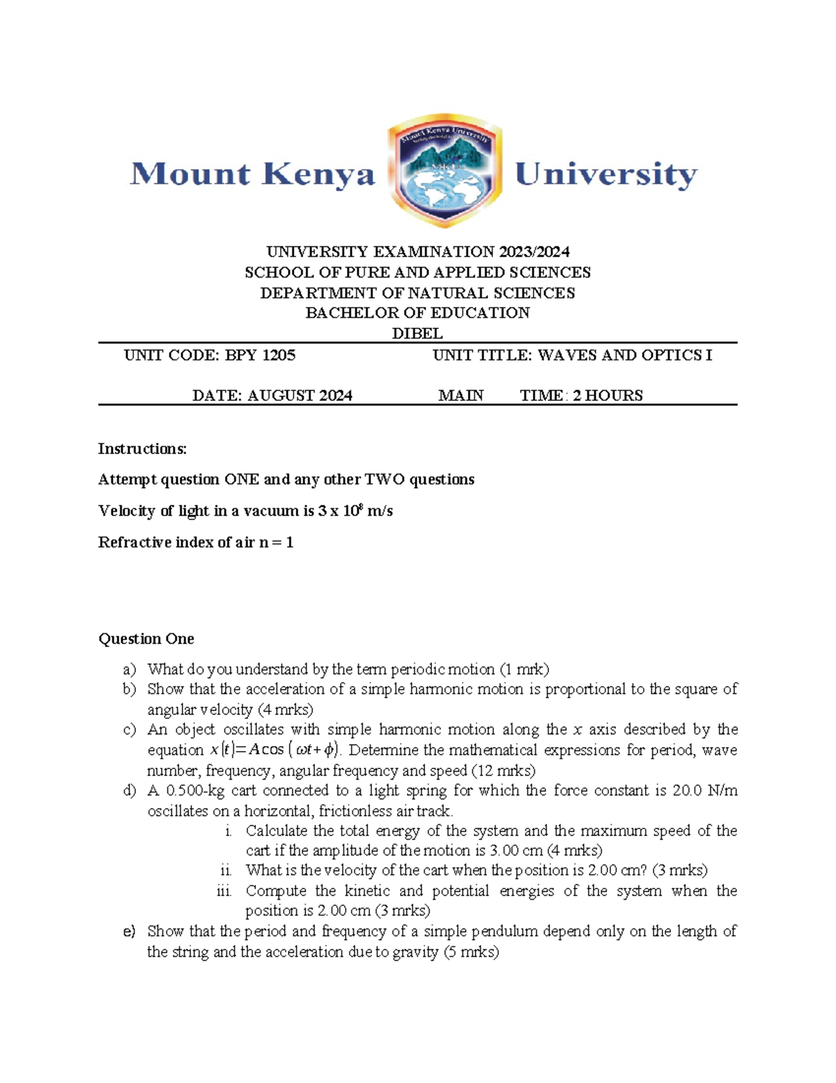 BPY 1205 Waves and Optics I Main Exams Dibel - Copy - UNIVERSITY ...