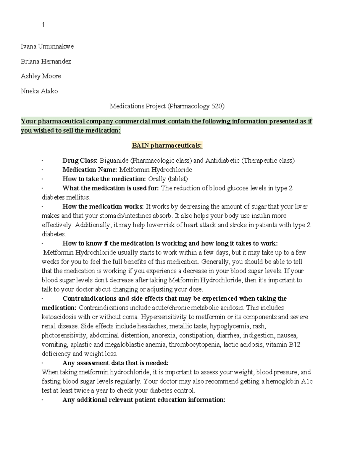 Pharmacology Medication project - Ivana Umunnakwe Briana Hernandez ...