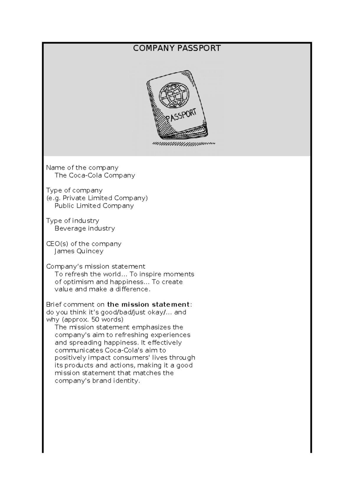 Assignment 3 - UNIT 3 - Company passport - COMPANY PASSPORT Name of the ...