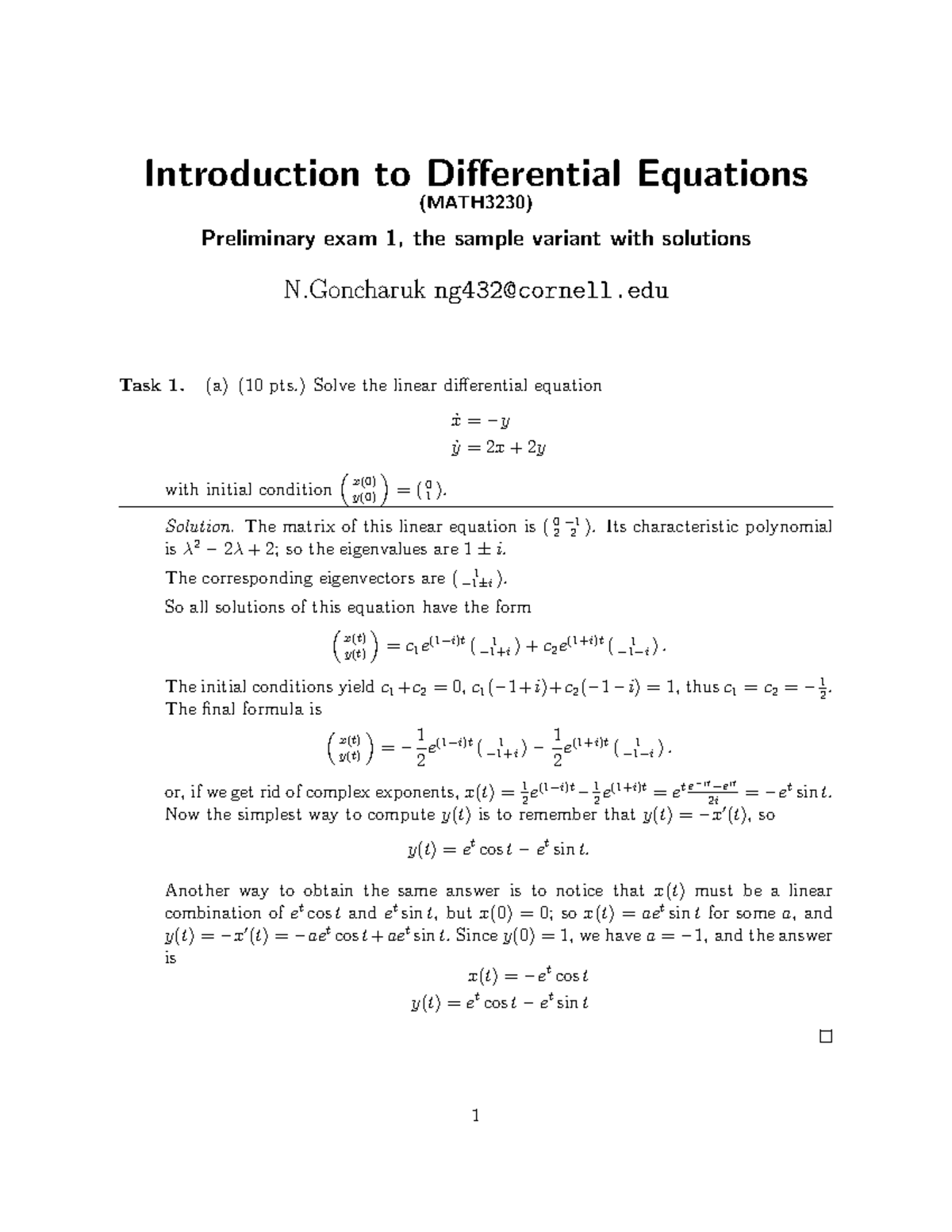 2016 prelim-solutions - Introduction to Differential Equations (MATH3230) Preliminary exam 1 ...