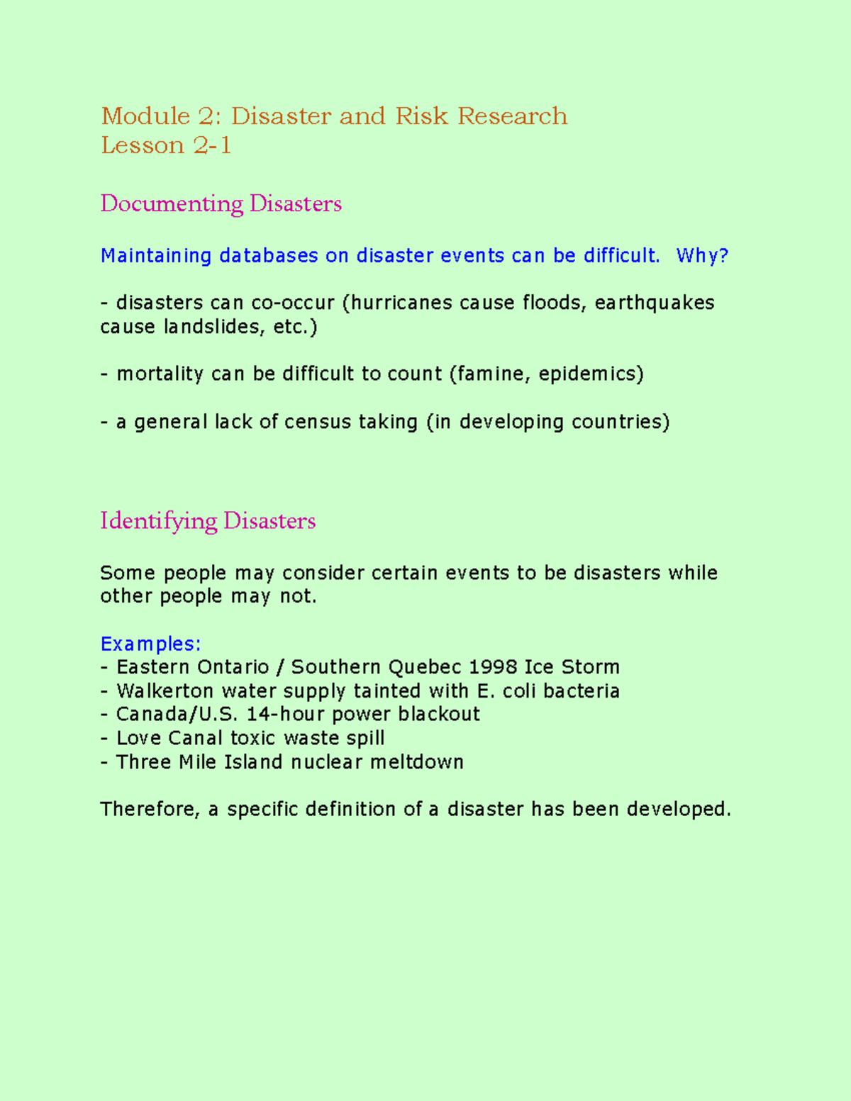 lesson 2 - notes - Module 2 : Disaster and Risk Research Lesson 2 - 1 ...