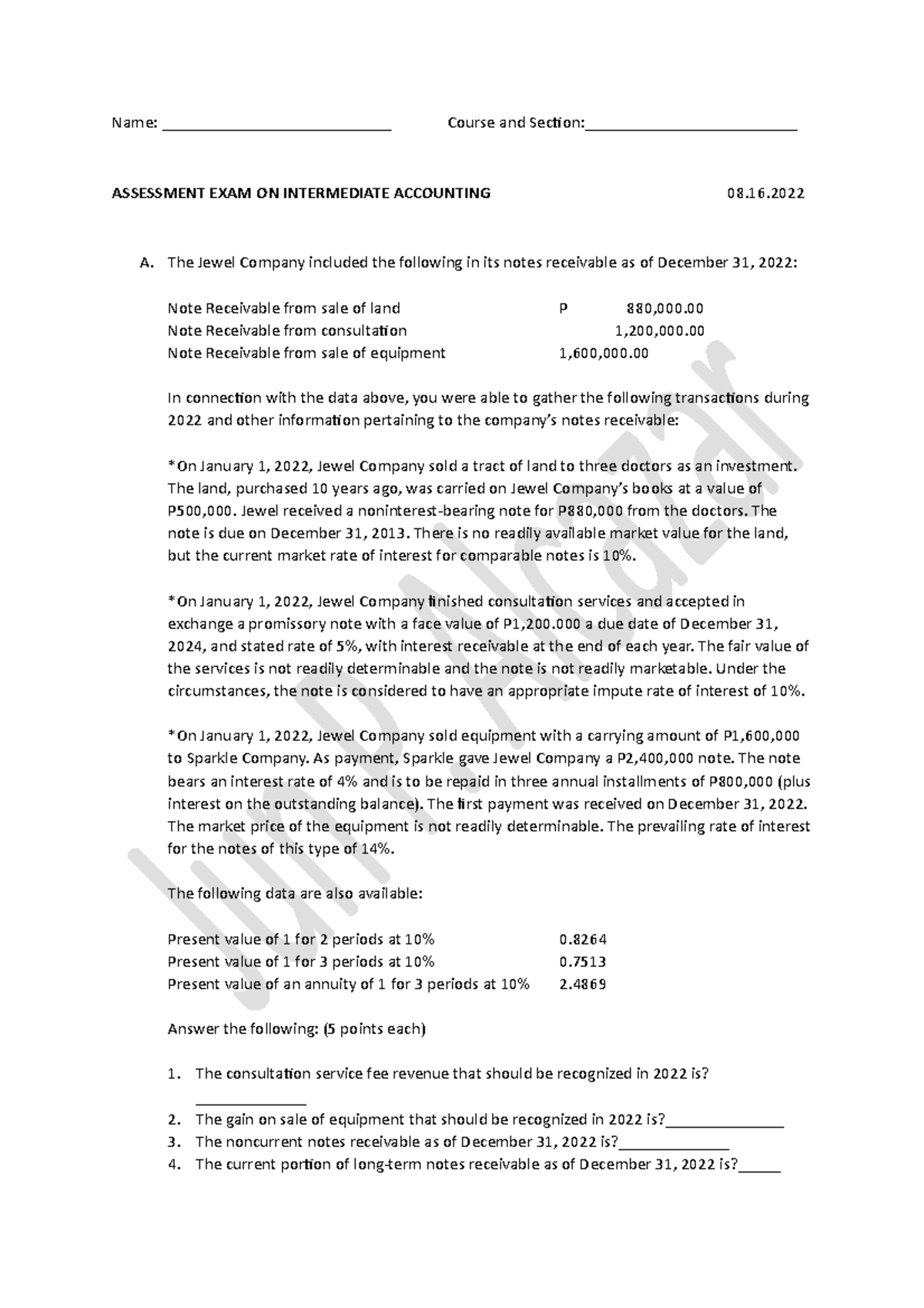 RTU Assessment Exam on Intermediate Accounting 08 - Name ...
