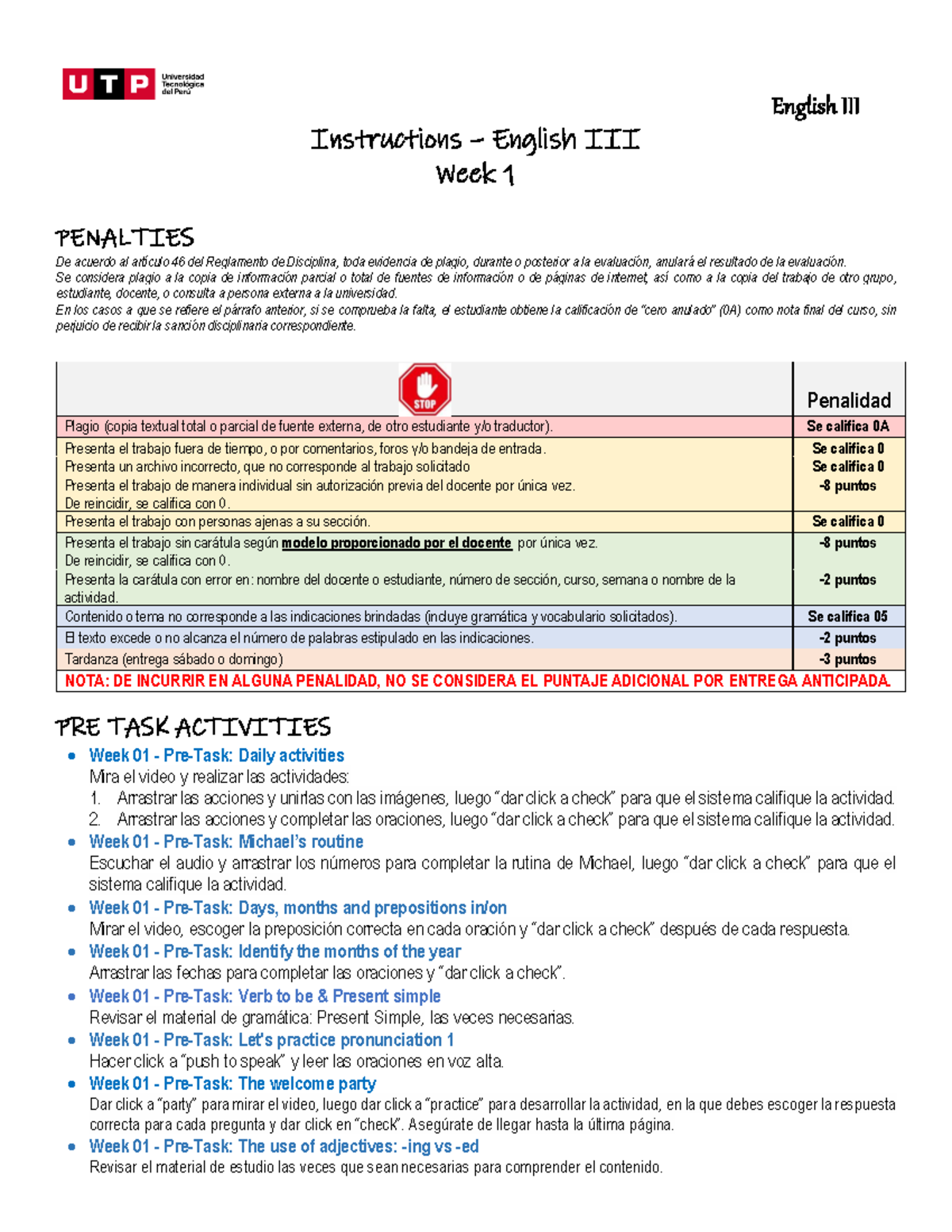 Week 01- Indicaciones en español - Inglés 3 - English III Instructions ...