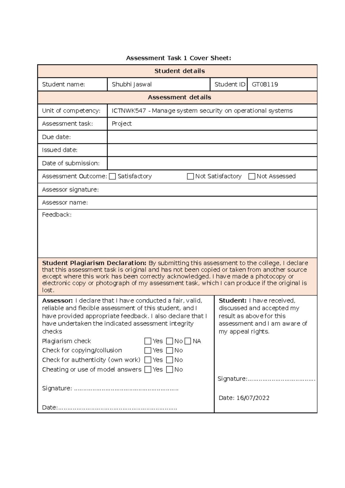 Assessment Task 1 - Project - ####### Assessment Task 1 Cover Sheet ...