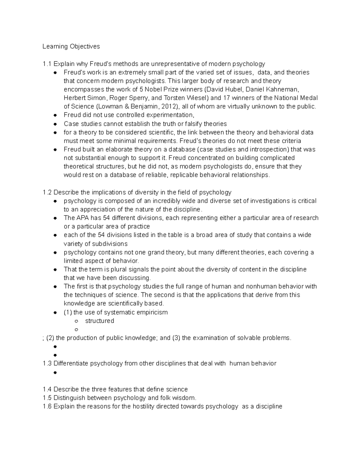 Chapter 1 - Learning Objectives 1 Explain why Freud’s methods are ...
