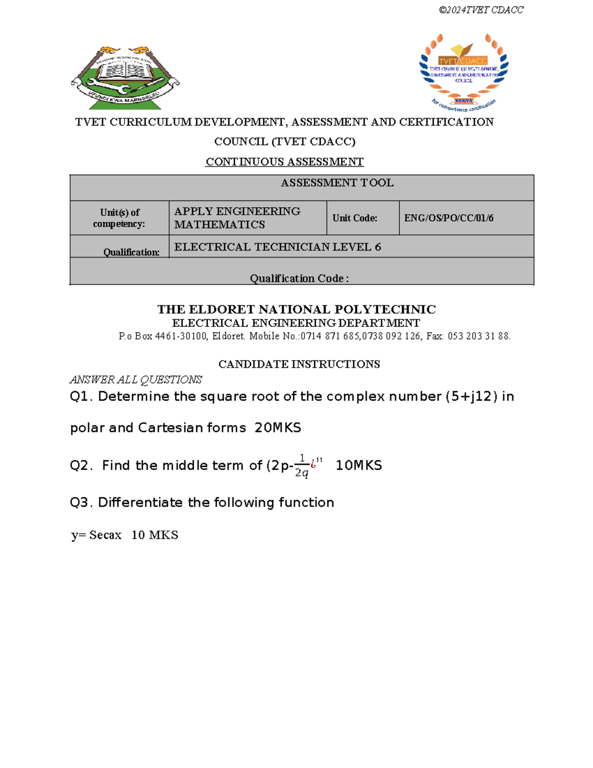 324 CAT EEBL6 - ©2024TVET CDACC TVET CURRICULUM DEVELOPMENT, ASSESSMENT ...