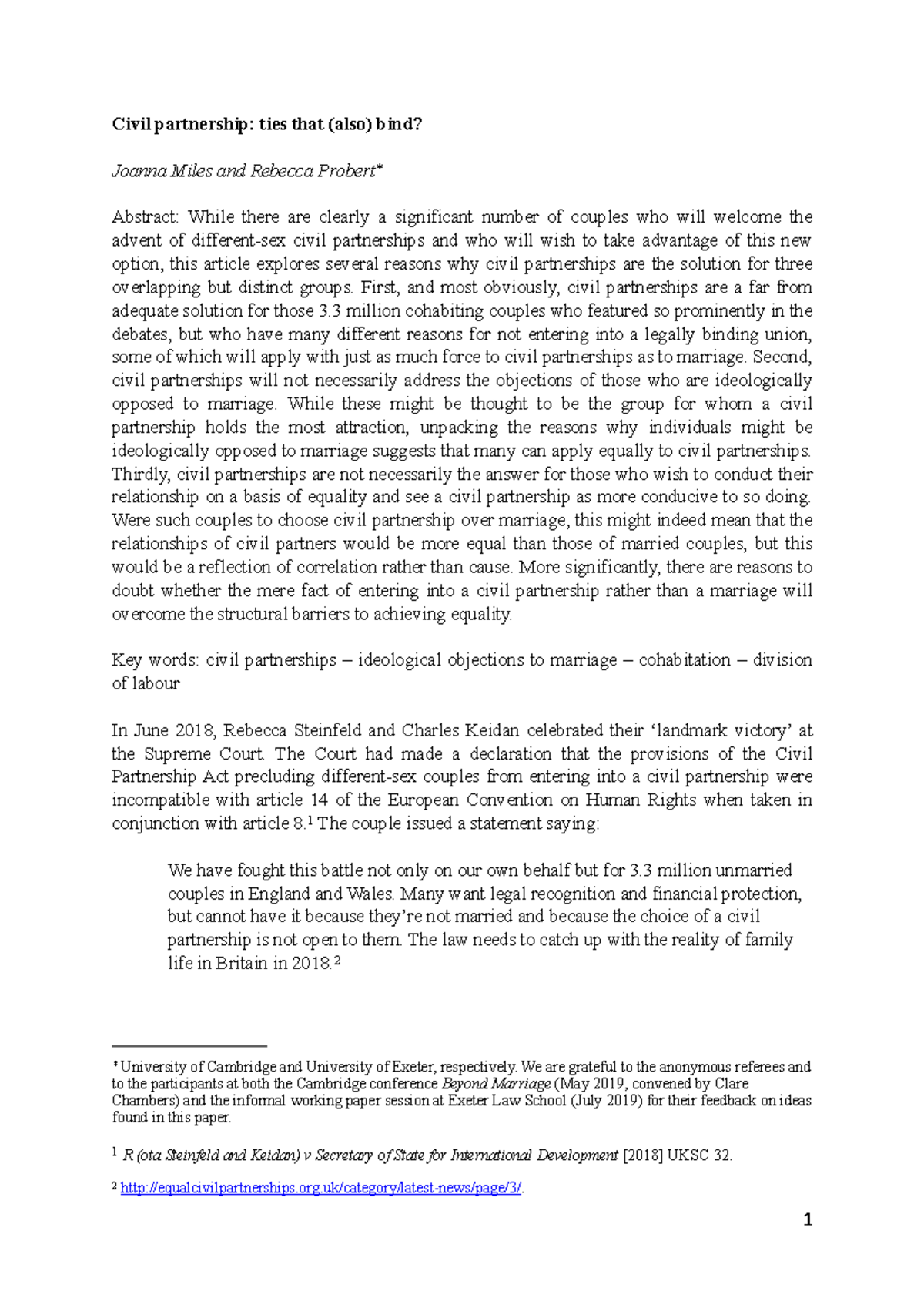 PDF Joanna Miles and Rebecca Probert (2019 ) ‘Civil partnership: Ties ...