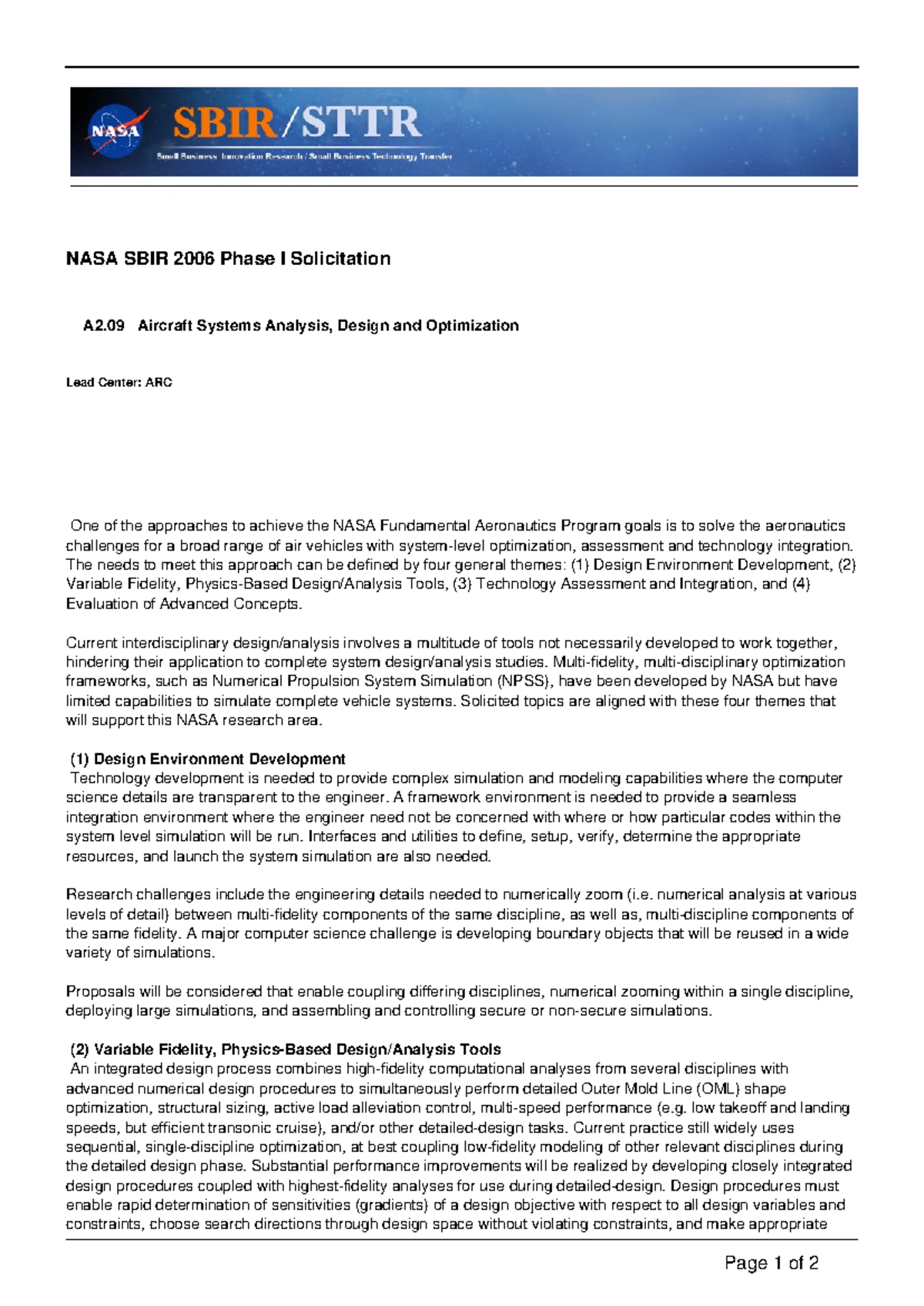 NASA SBIR & STTR Program Homepage - Aircraft Systems Analysis, Design and Optimization - 2013-10 ...