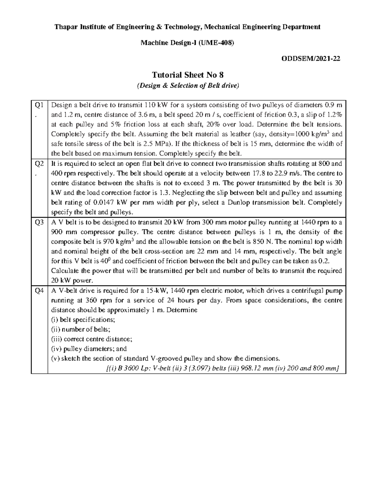 Tutorial 8 - Thapar Institute of Engineering & Technology, Mechanical ...