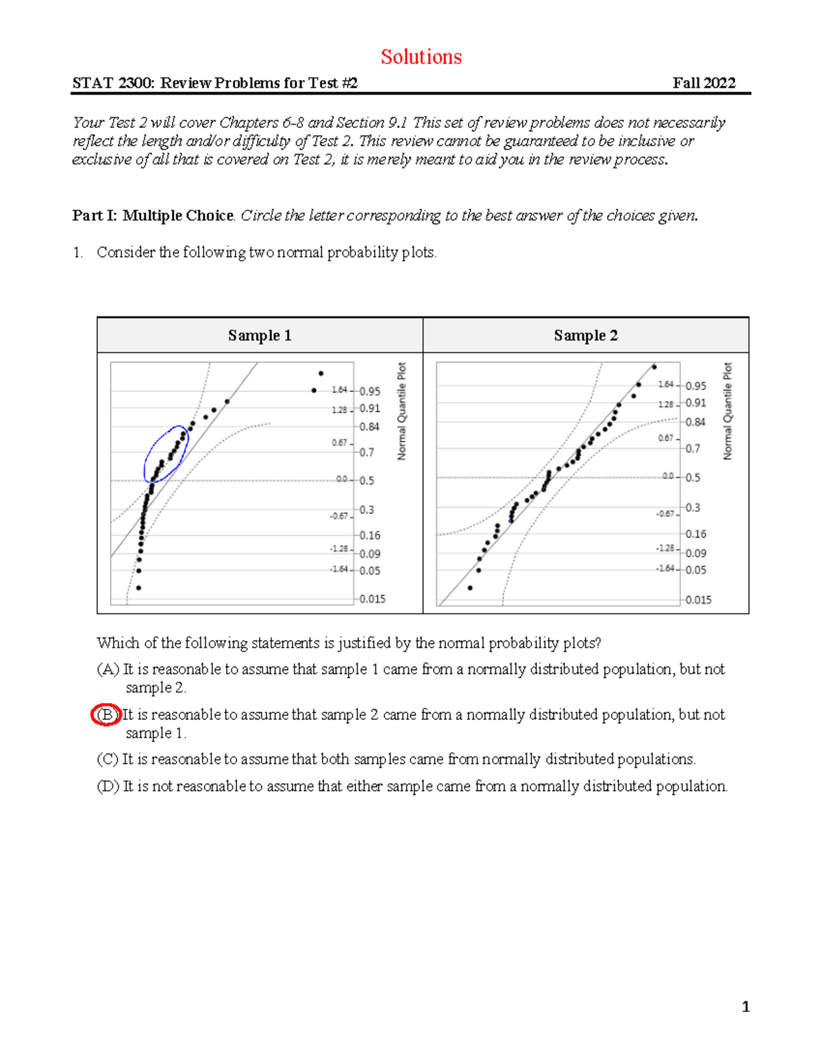 STAT 2300 Test 2 Review- F22 Solutions - STAT 2300: Review Problems for ...