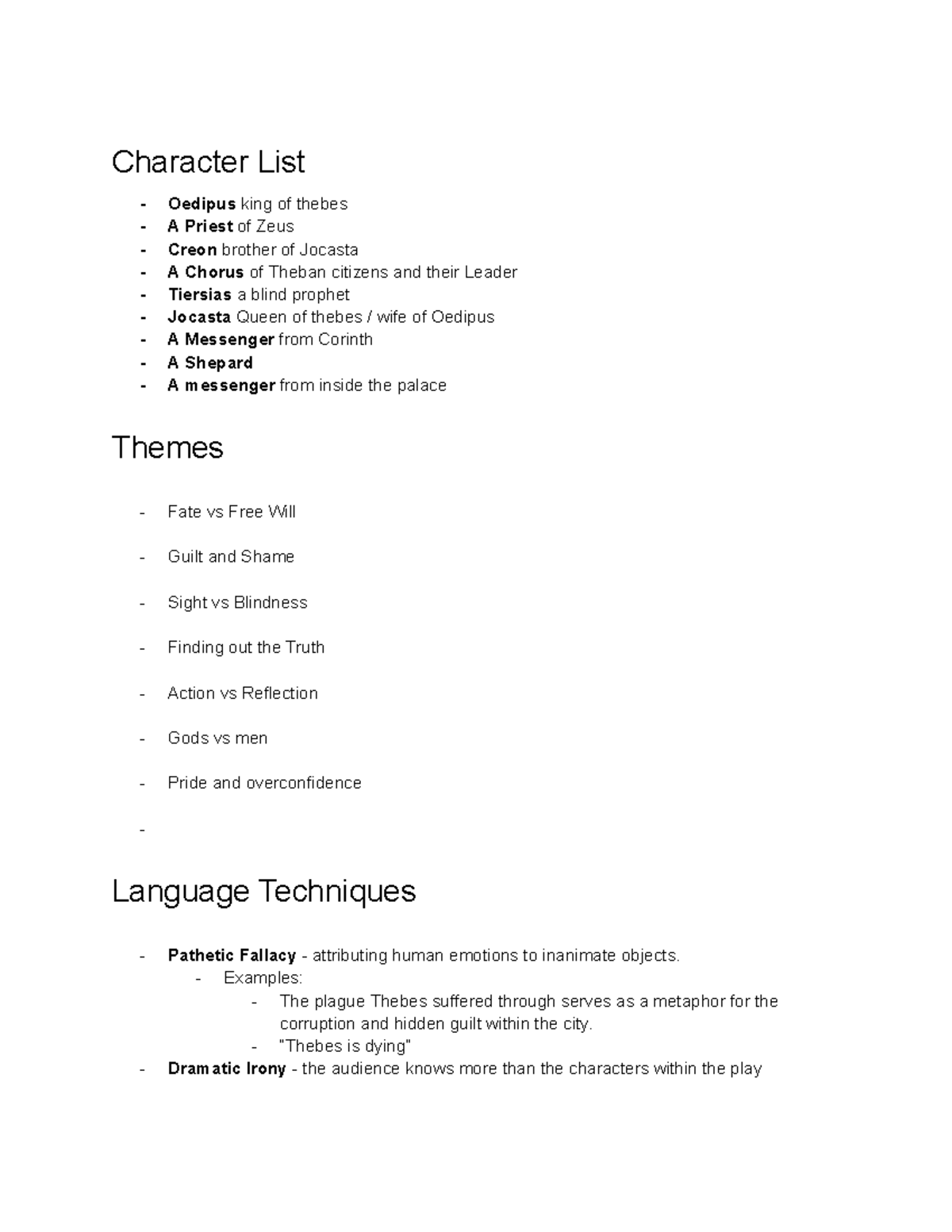 Oedipus Analysis - Character List - Oedipus king of thebes - A Priest ...