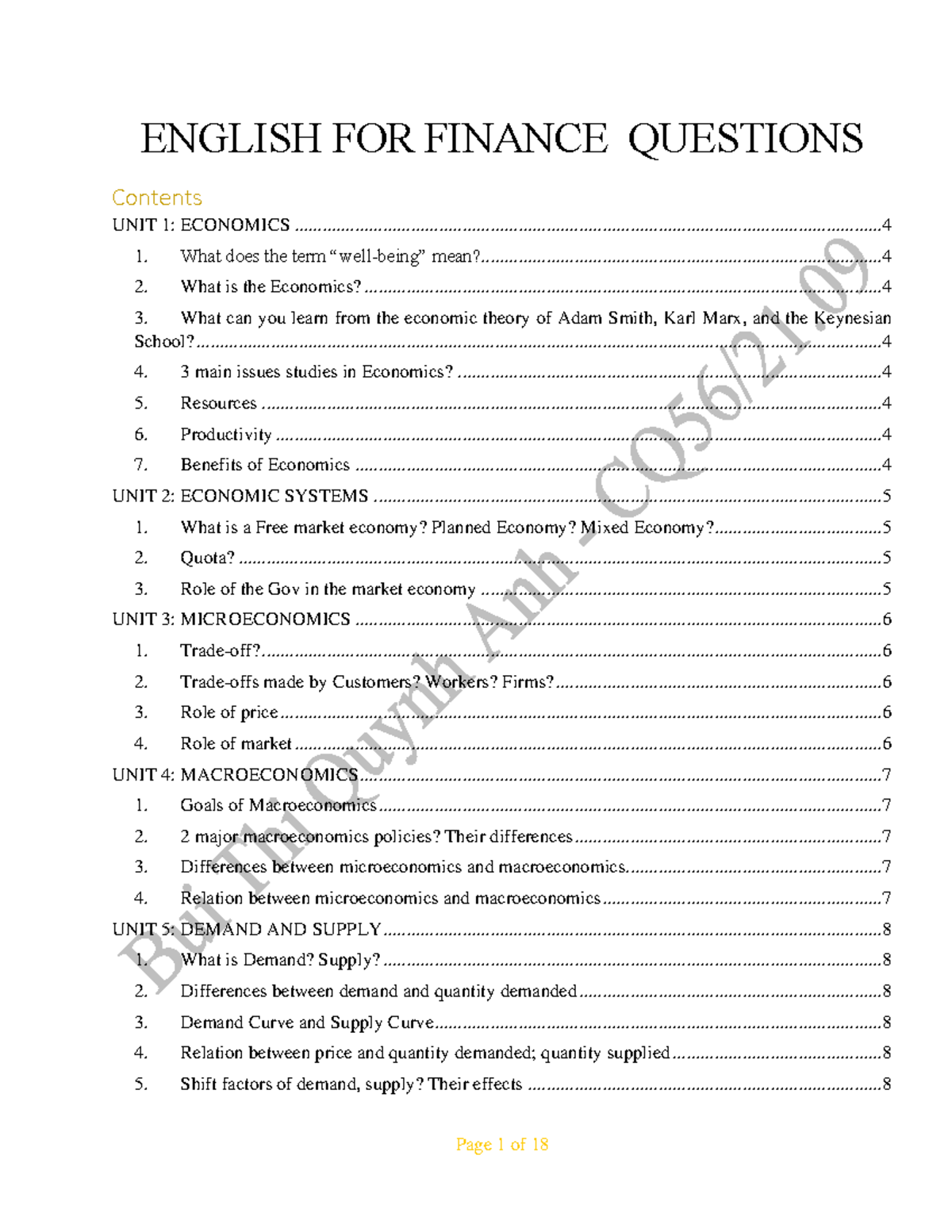 English FOR Finance Questions - ENGLISH FOR FINANCE QUESTIONS UNIT 1 ...