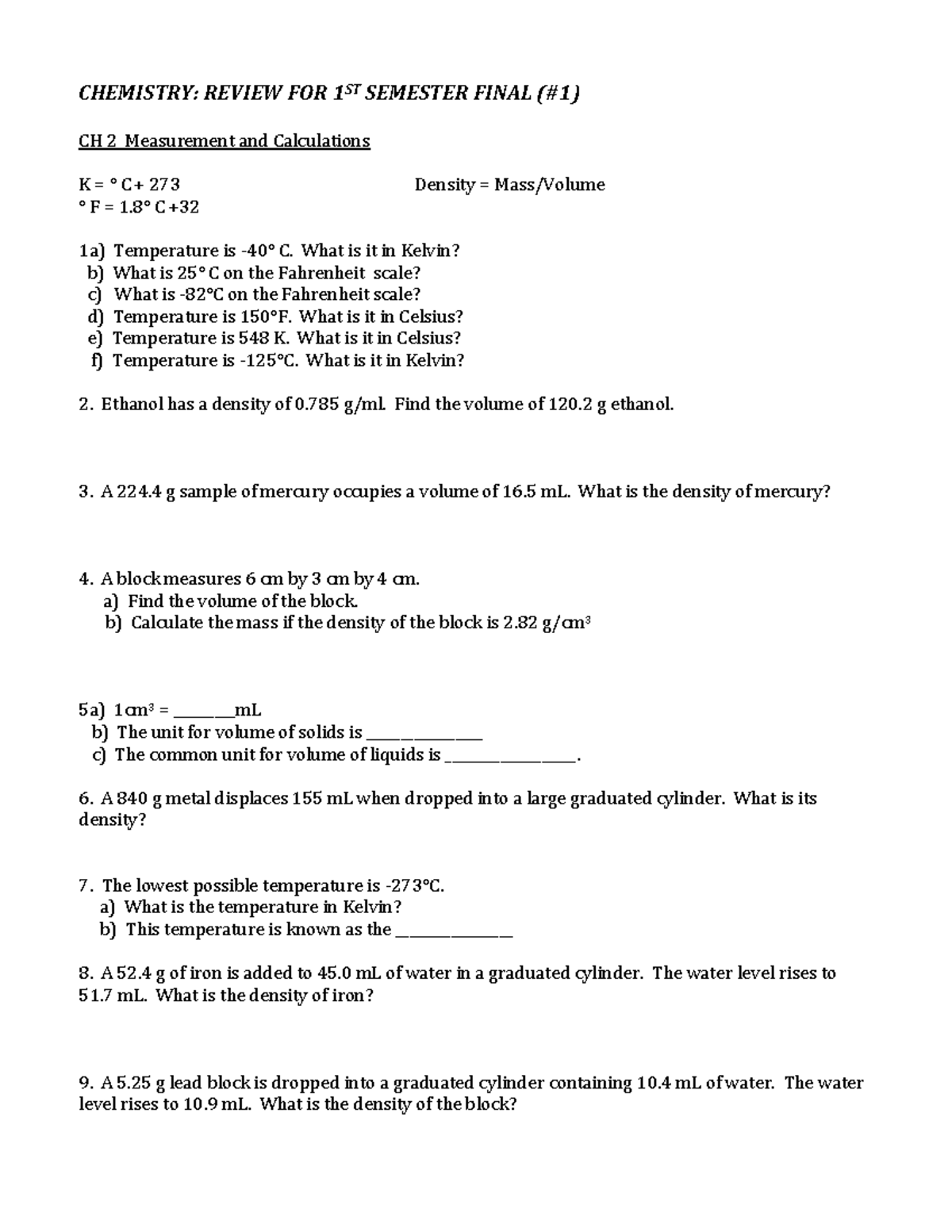 CHEM 1st Sem Final Review 1 - CHEMISTRY: REVIEW FOR 1ST SEMESTER FINAL ...