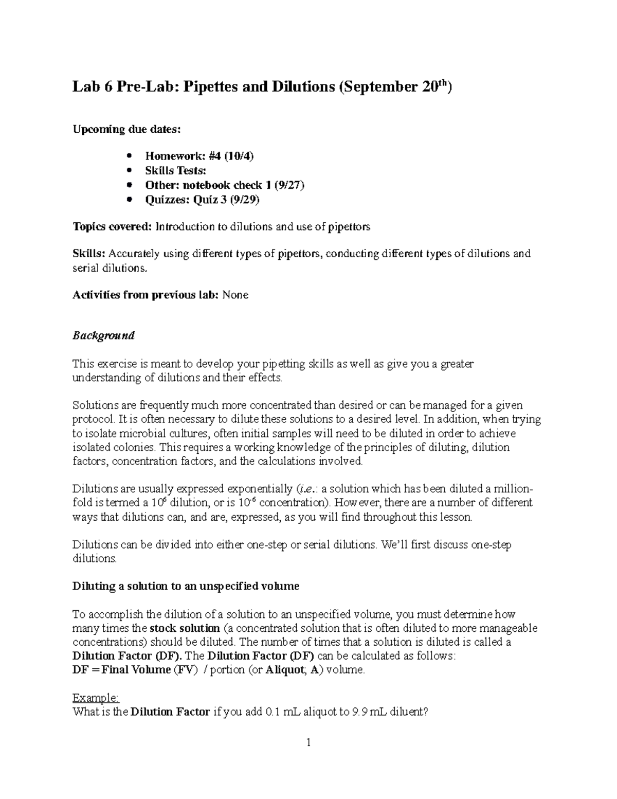 Pre-Lab 6 Pipettes and Dilutions Fall2021 - BIOM 360 - MSU - Studocu