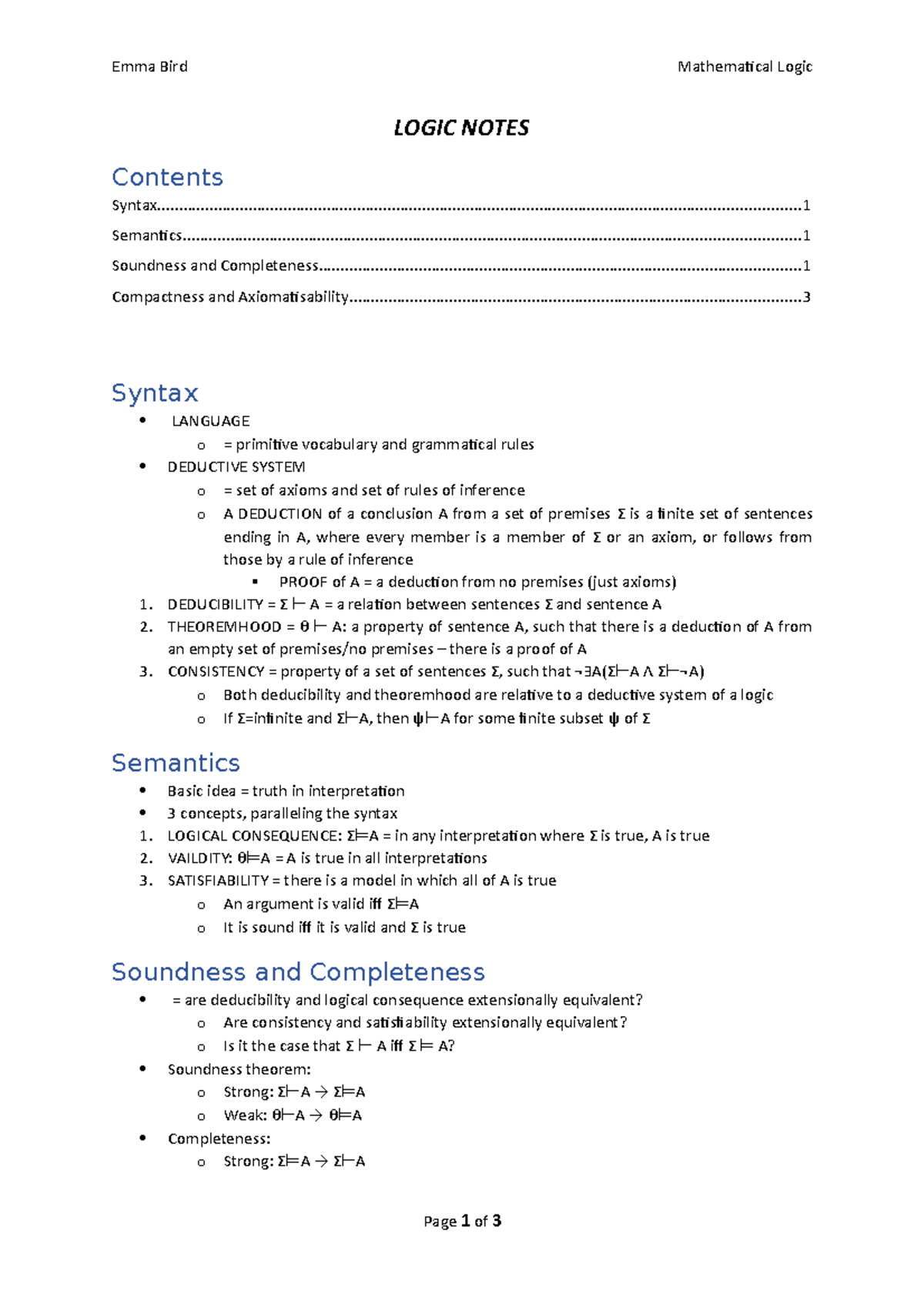 Logic notes - Emma Bird Mathematical Logic LOGIC NOTES Contents - Studocu