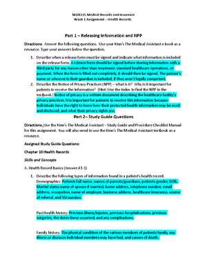 Week 2 Assignment Worksheet - MOA120 Electronic Health Records Week 2 Assignment Section A ...