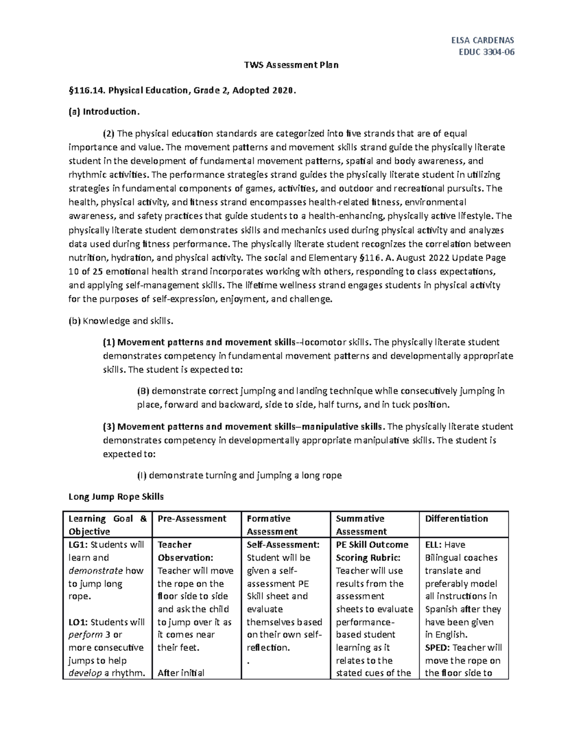 Assessment - Physical Education, Grade 2, Adopted 2020. (a ...