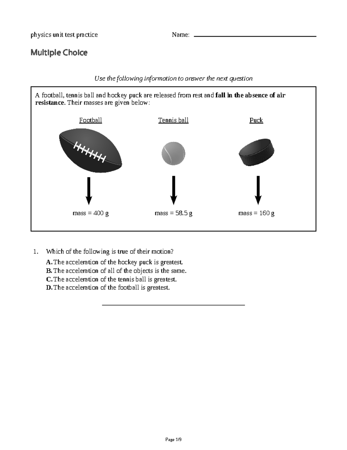 Physics Practise Unit Test - physics unit test practice Name: Multiple ...