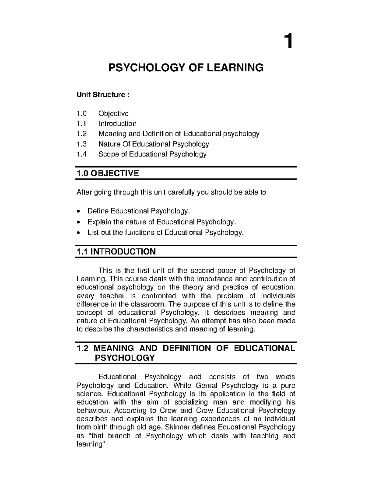 Edu-II psycho - PSYCHOLOGY OF LEARNING Unit Structure : 1 Objective 1 ...