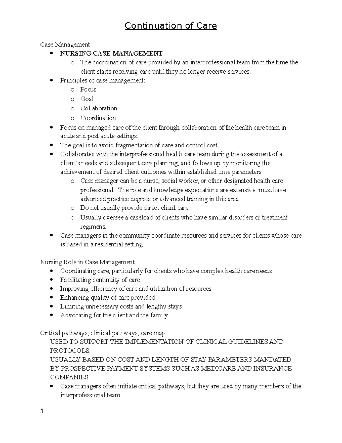 Continuation of Care - lecture notes - Case Management NURSING CASE ...