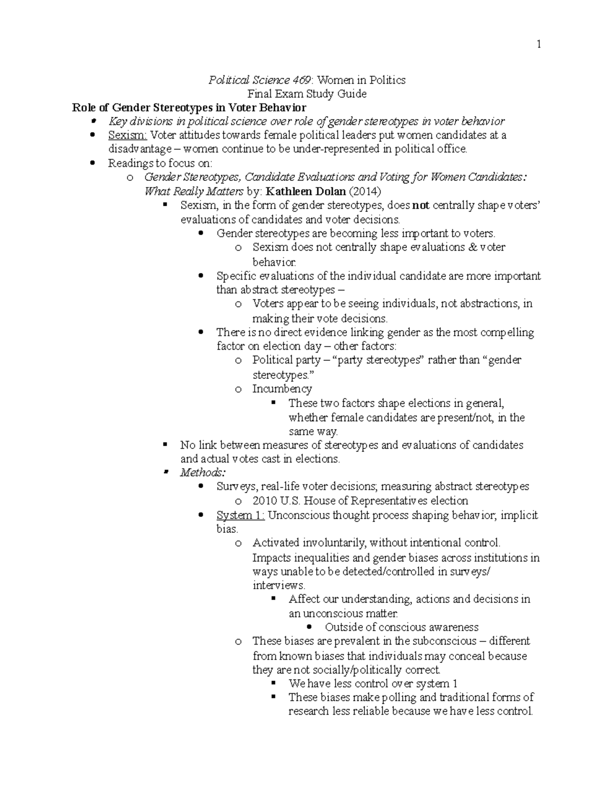 Poli Sci 469 Final Exam Study Guide - 1 Political Science 469: Women in Politics Final Exam ...
