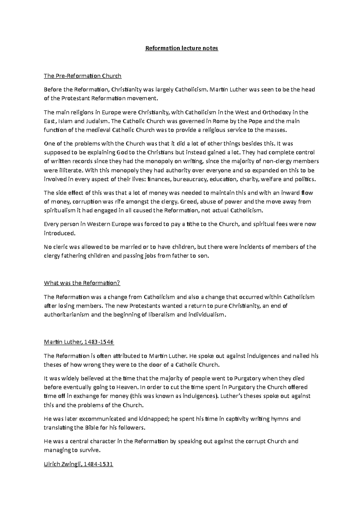 Reformation lecture notes - Martin Luther was seen to be the head of ...