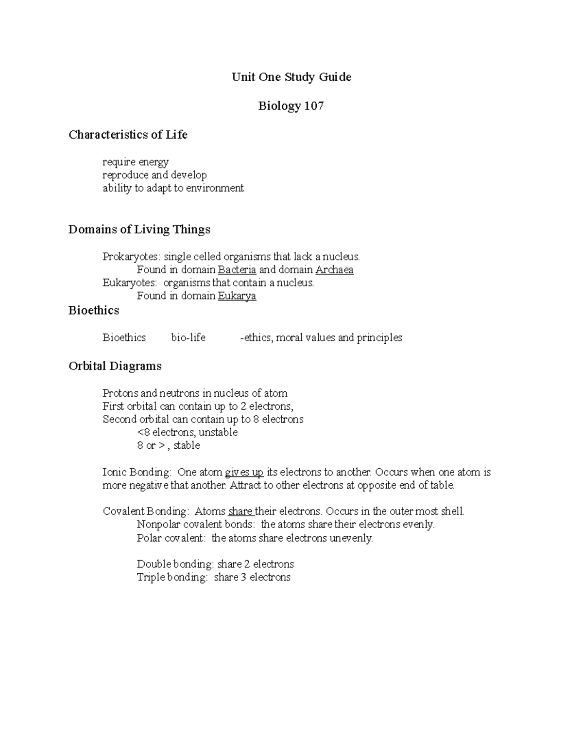 BIO 107 Unit One Study Guide - Unit One Study Guide Biology 107 ...