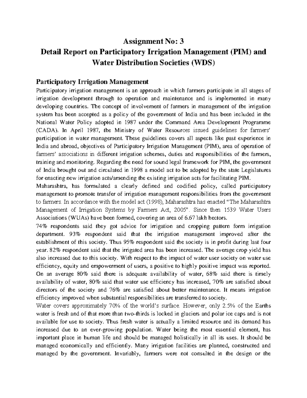 Assignment NO 3 IWRM Pimand WDS - Assignment No: 3 Detail Report on ...