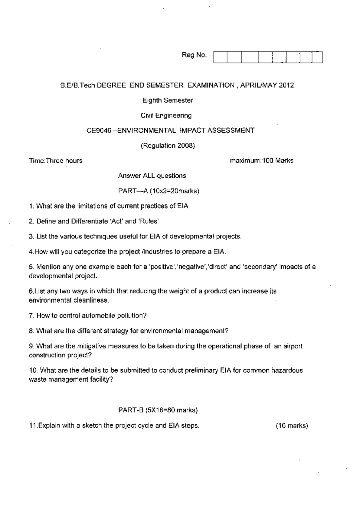 Eia3 - Reg No. B.E/B DEGREE END SEMESTER EXAMINATION , APRIL/MAY 2012 ...