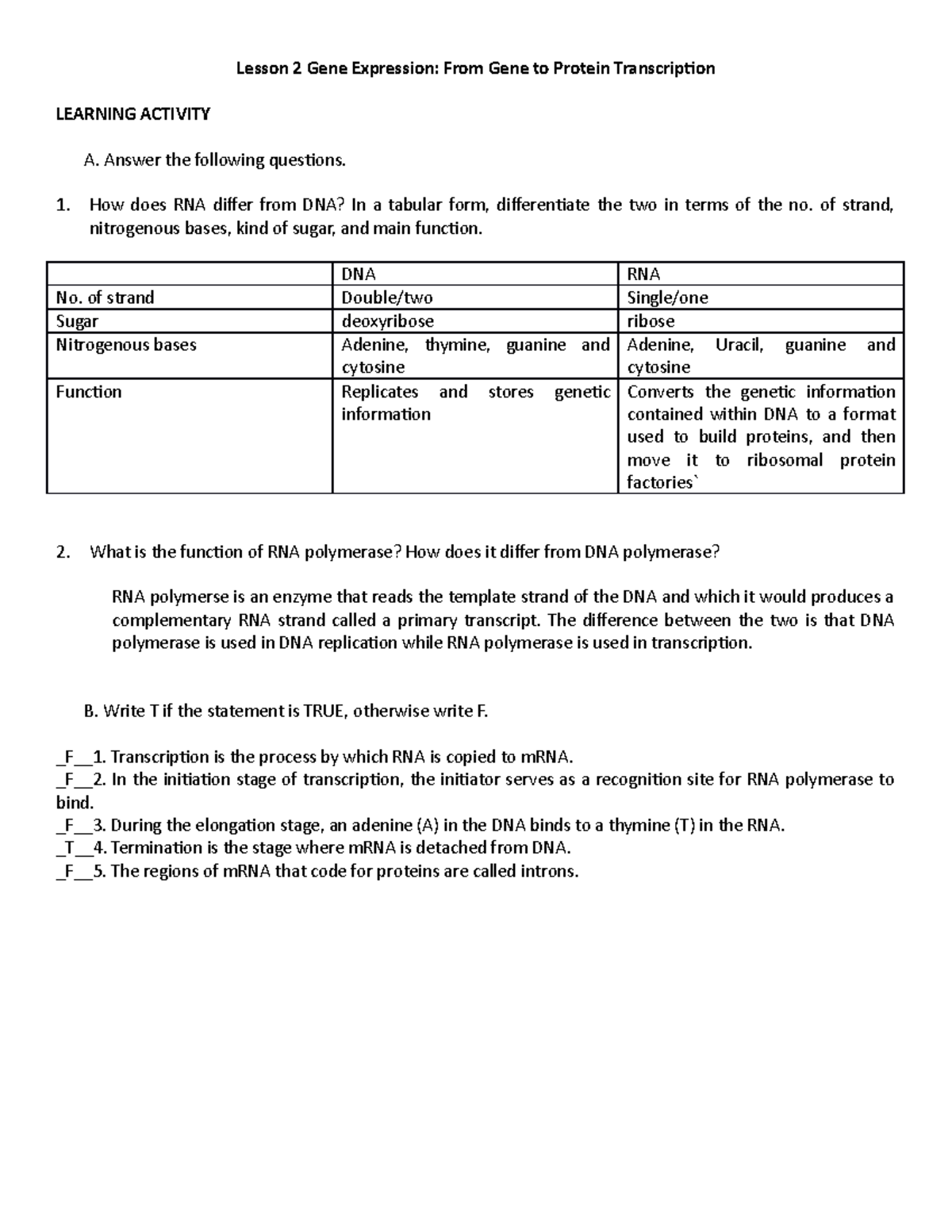 Activity 2 Gene Expression - Lesson 2 Gene Expression: From Gene to ...