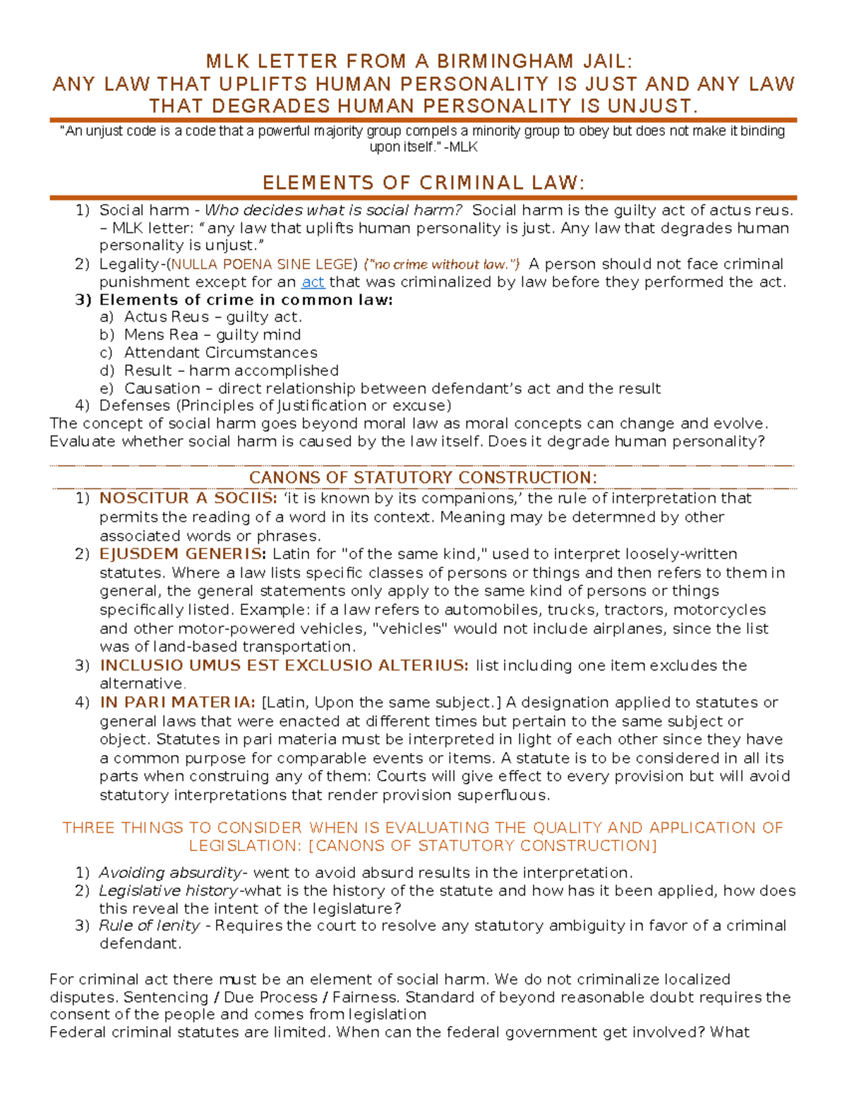 Criminal Law Outline - MLK LETTER FROM A BIRMINGHAM JAIL: ANY LAW THAT ...
