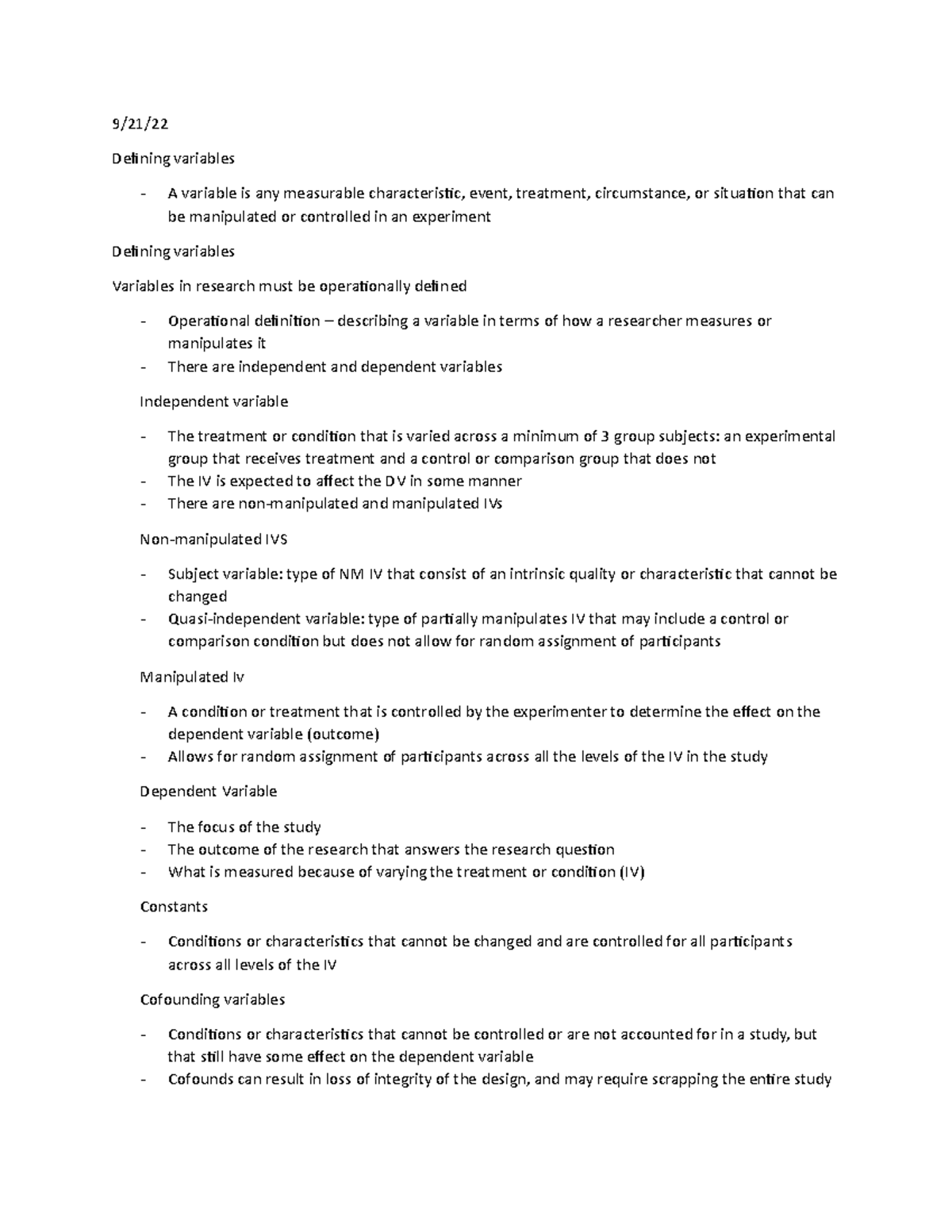 Lesson 3 - Week 5 PSY 2235 Notes - 9/21/ Defining variables A variable ...