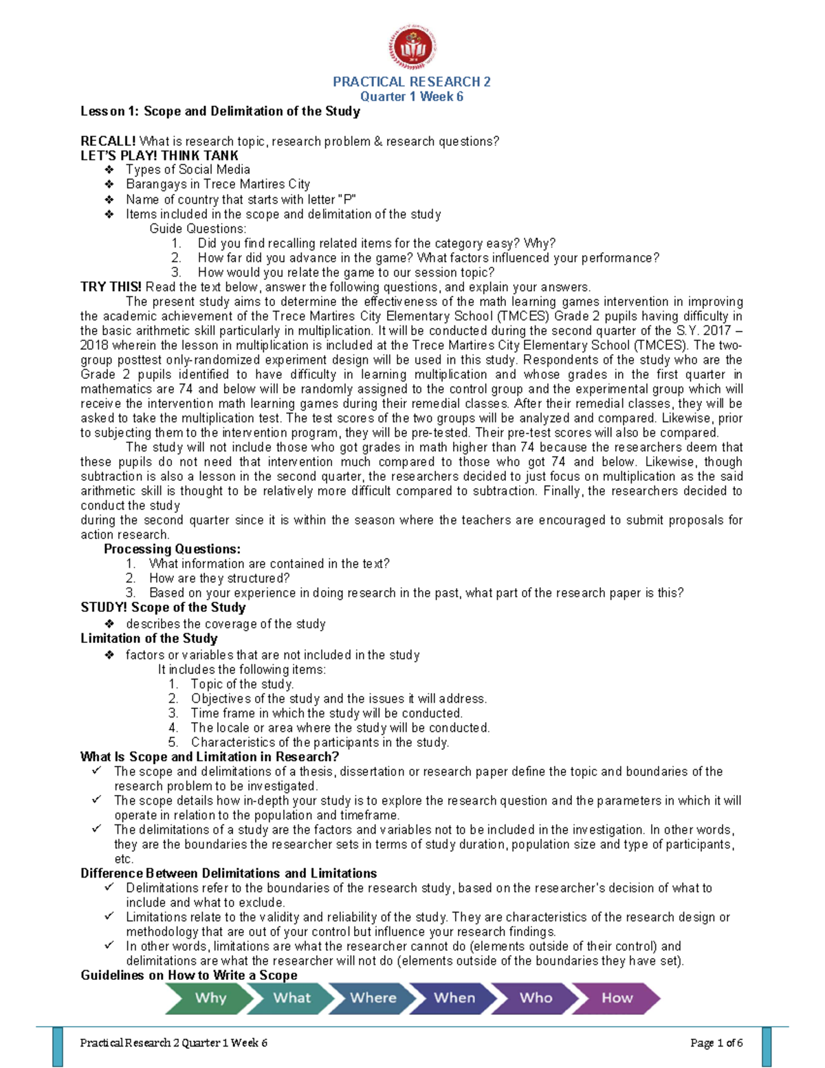 PR2 Q1 Week 6 Notes - lesson for week 6 - PRACTICAL RESEARCH 2 Quarter ...