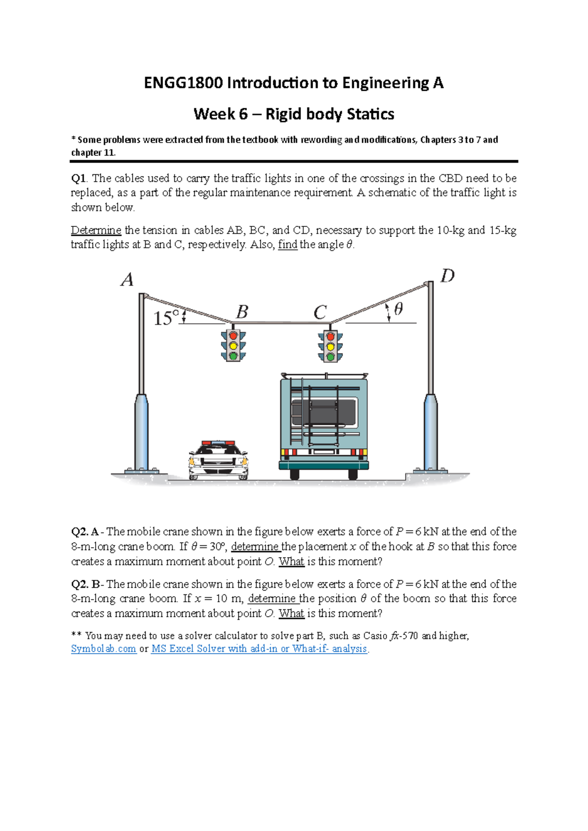 week 6 tutorial questions - statics. - ENGG1800 Introduc on to ...