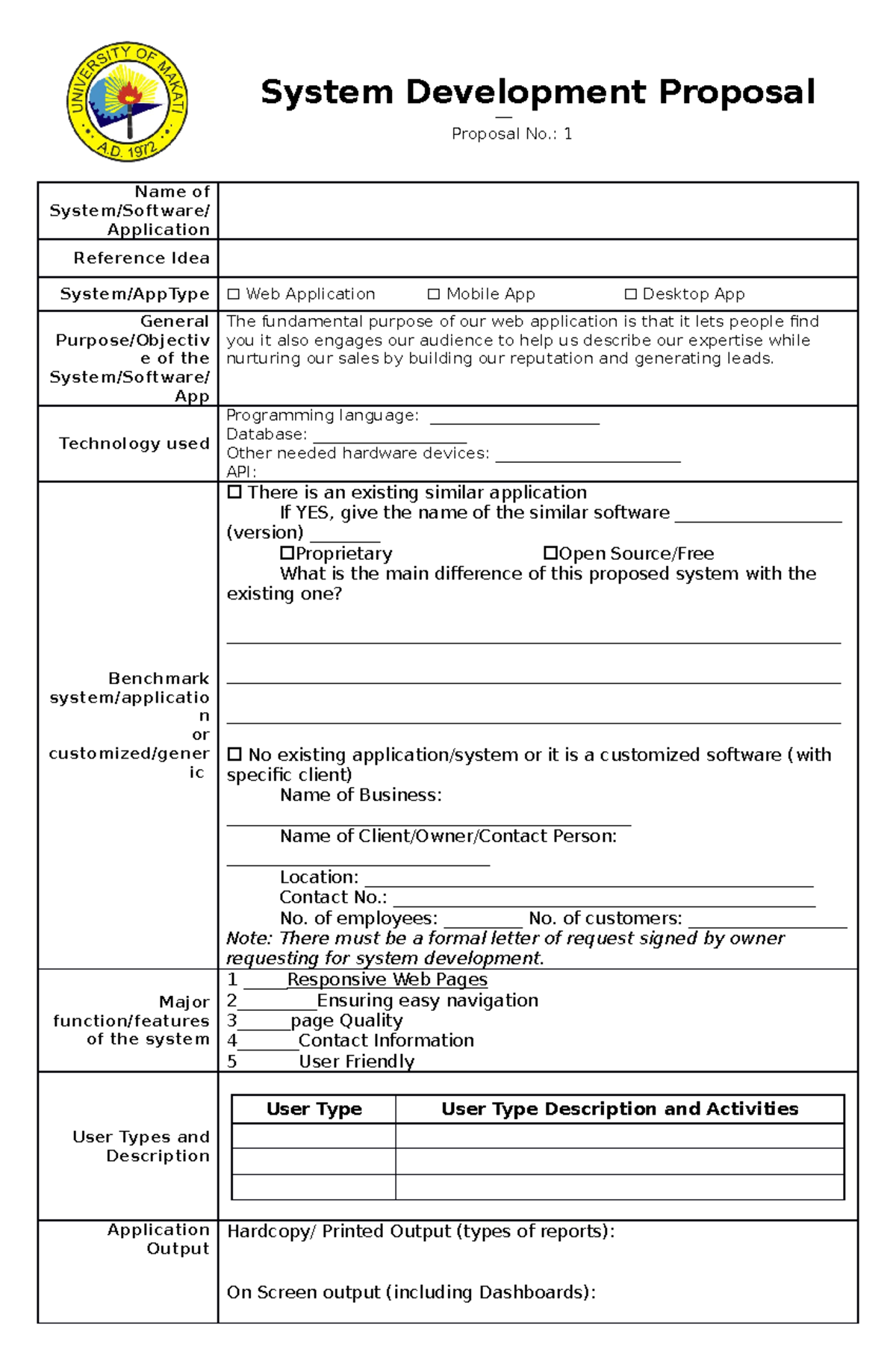 Software Project Proposal form xample 1 - System Development Proposal Form Name of System ...