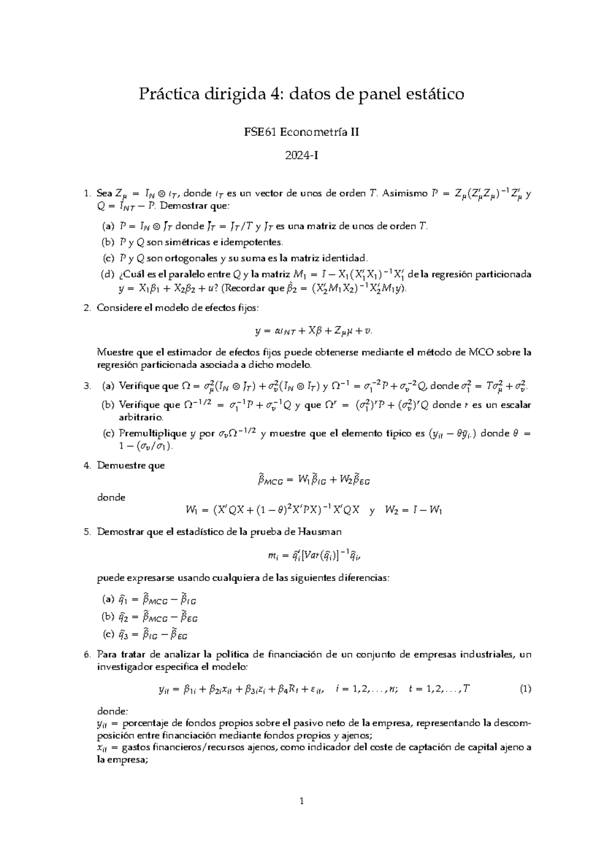PD4 Datos de panel estático - Pr ́actica dirigida 4: datos de panel est ́atico FSE61 Econometr ...