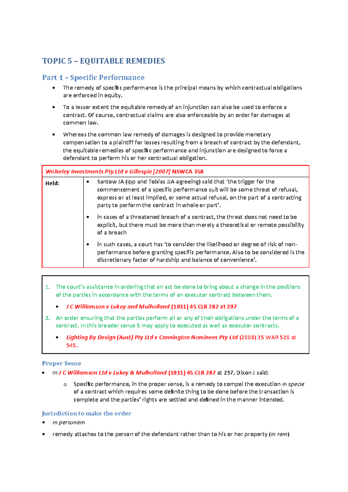Specific Performance - To a lesser extent the equitable remedy of an ...