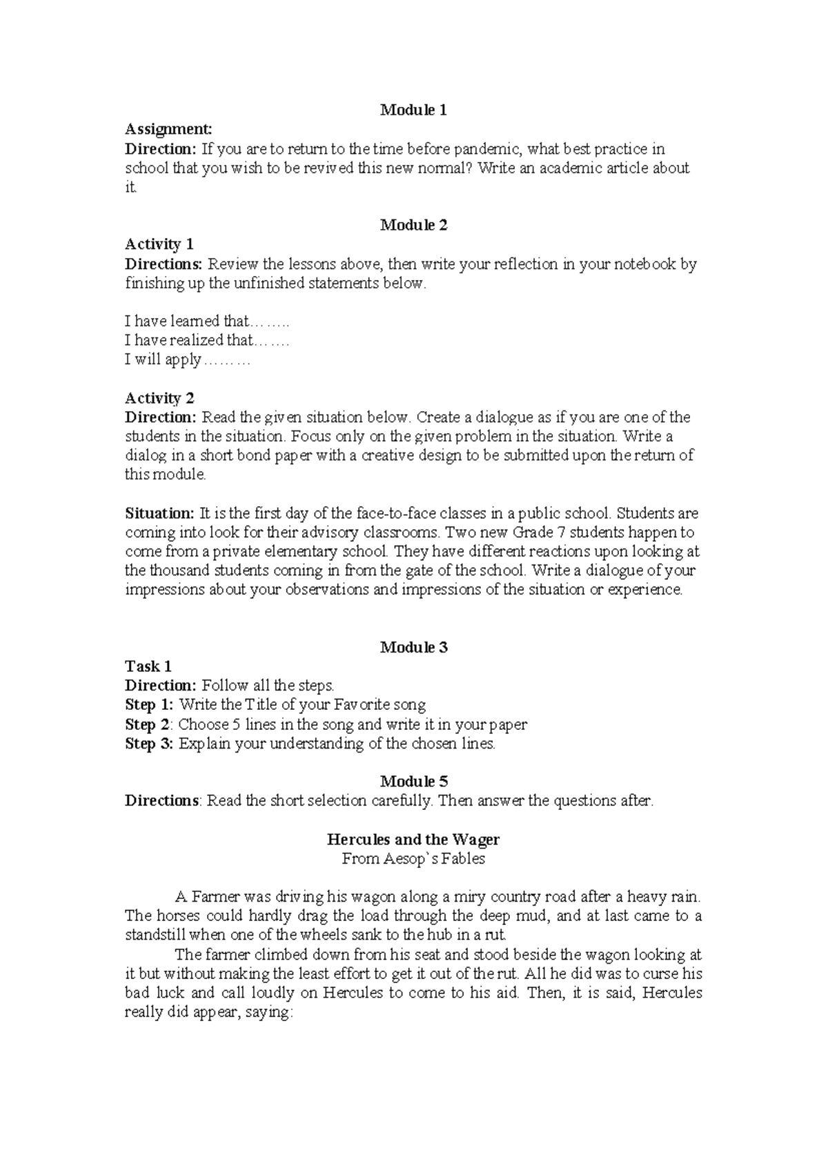 Quarter 4 Activity - questions - Module 1 Assignment: Direction: If you ...