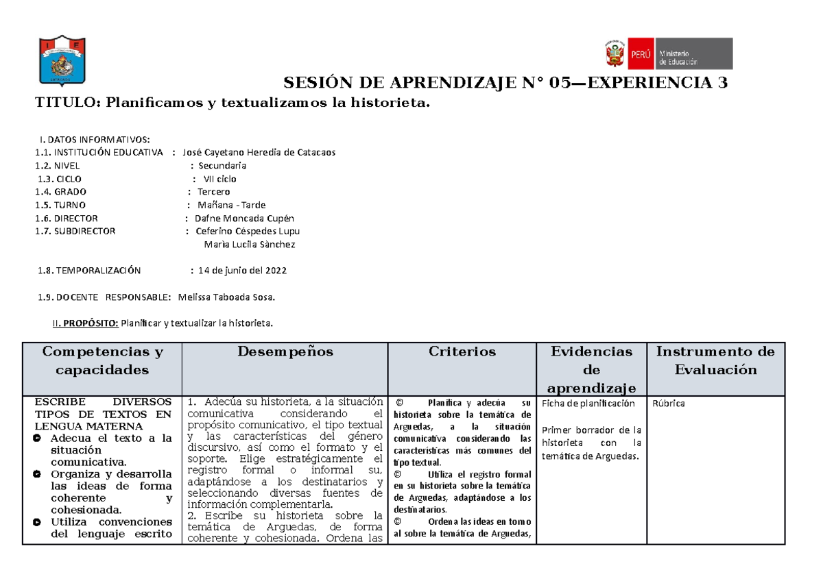 3° Grado Sesión 5- Planificamos y textualizamos la historieta - SESIÓN DE APRENDIZAJE N° - Studocu