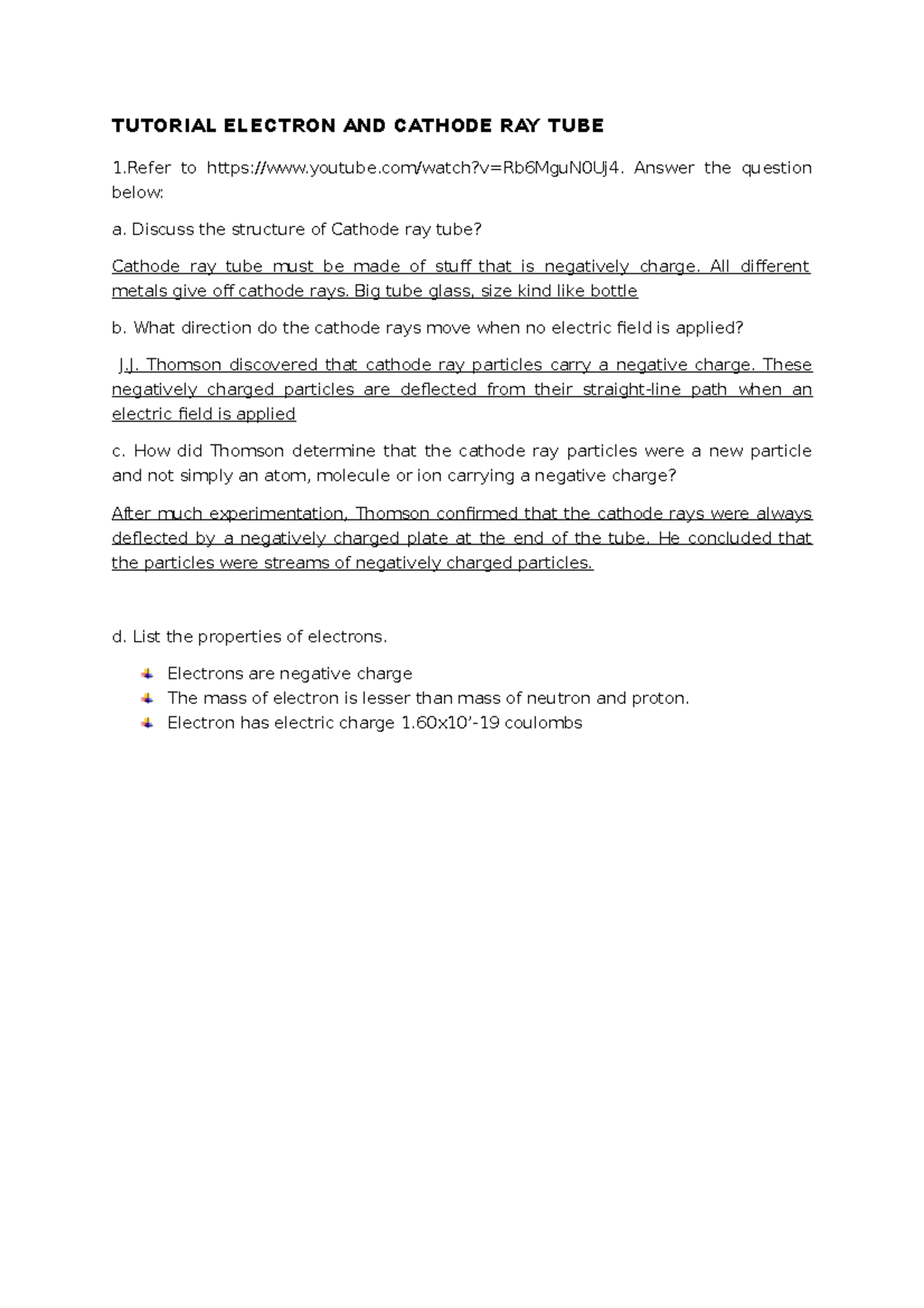 Tuto phy 310 - tutorial work - TUTORIAL ELECTRON AND CATHODE RAY TUBE 1 to - Studocu