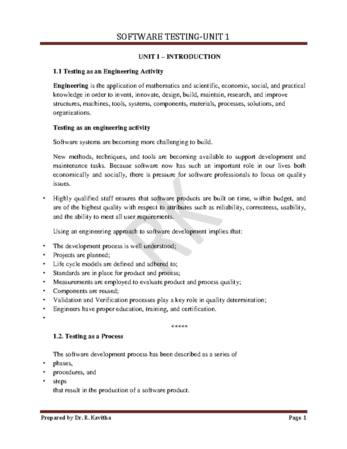 Unit-1-notes - Unit1 - UNIT I – INTRODUCTION 1 Testing as an ...