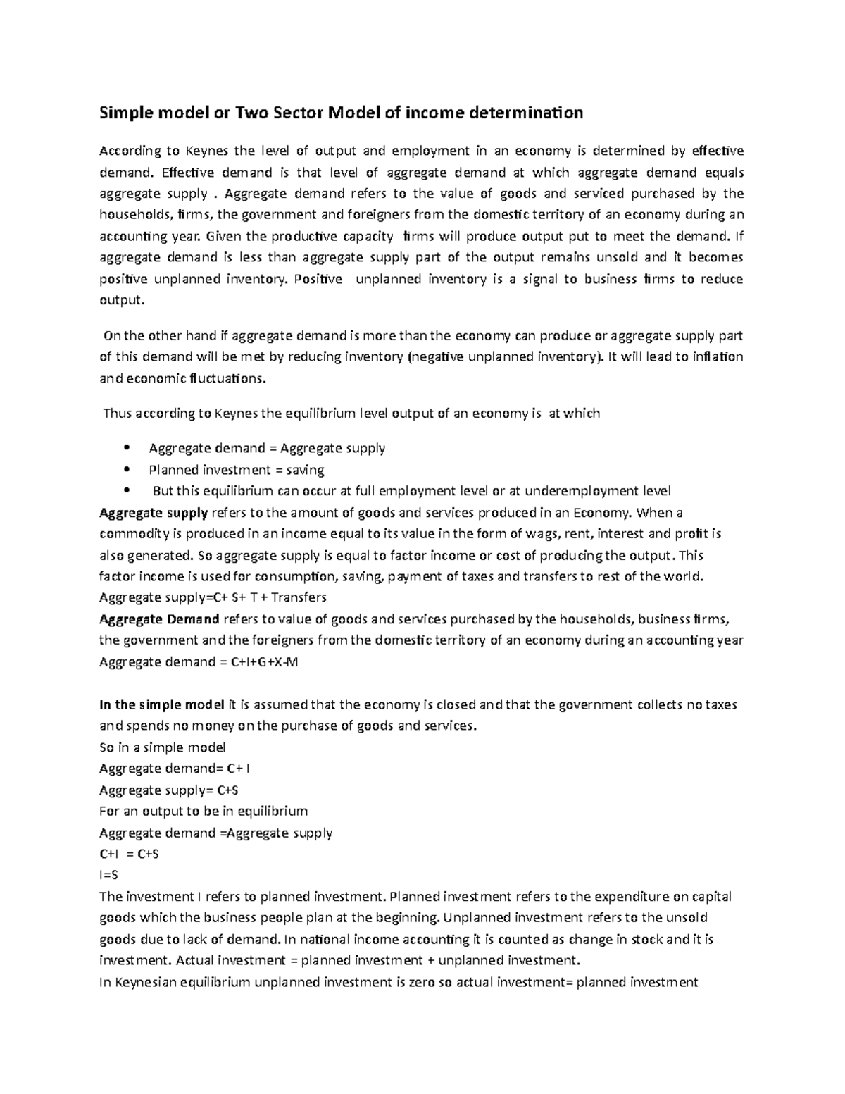 Simple model or Two Sector Model of income determination - Effective ...