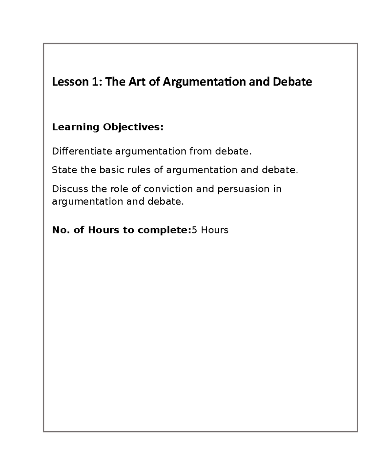 Lesson 1 Debate - Lesson 1: The Art of Argumentation and Debate ...